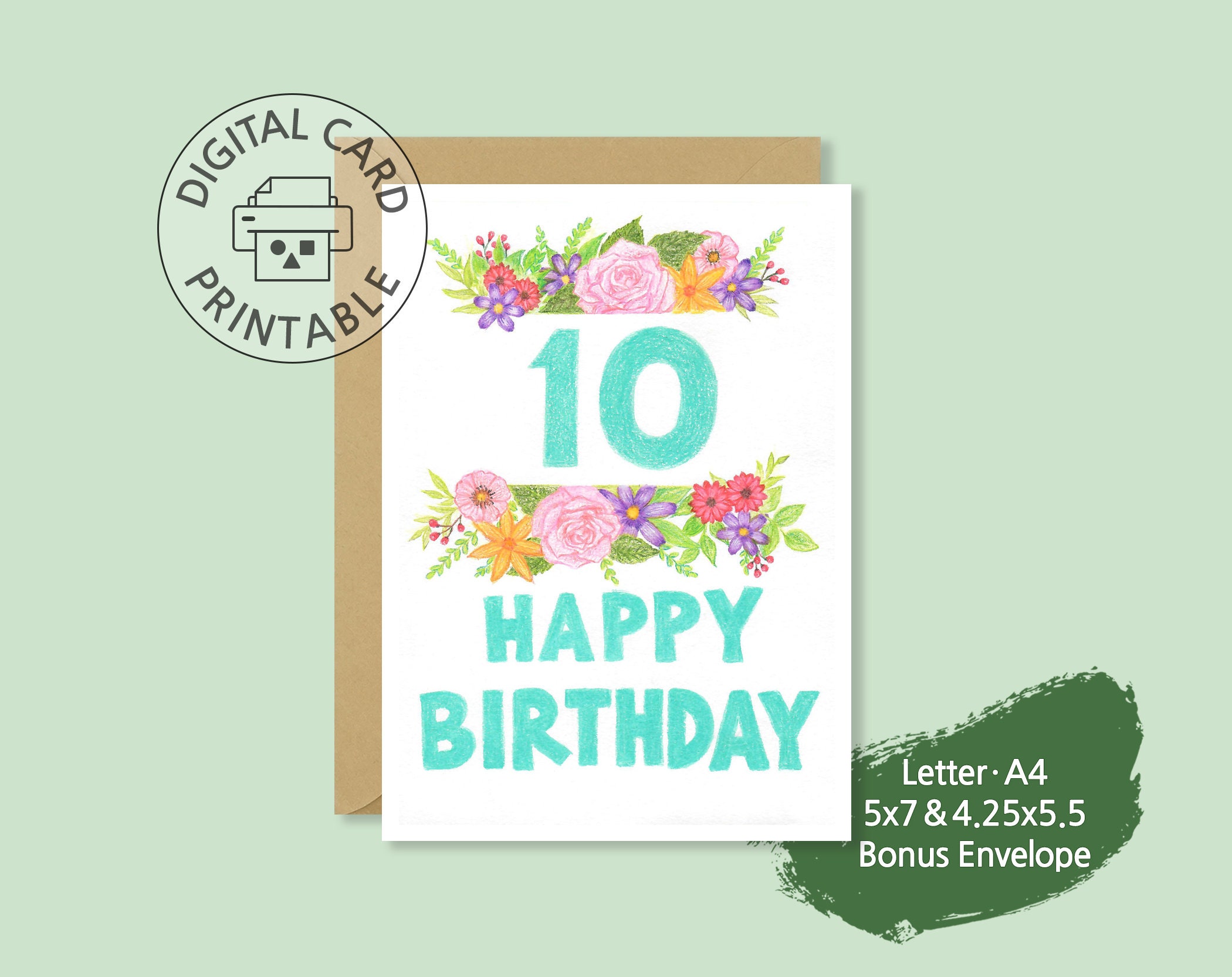Printable 10th Birthday Card, Envelope Template, 10 Year Old Birthday ...