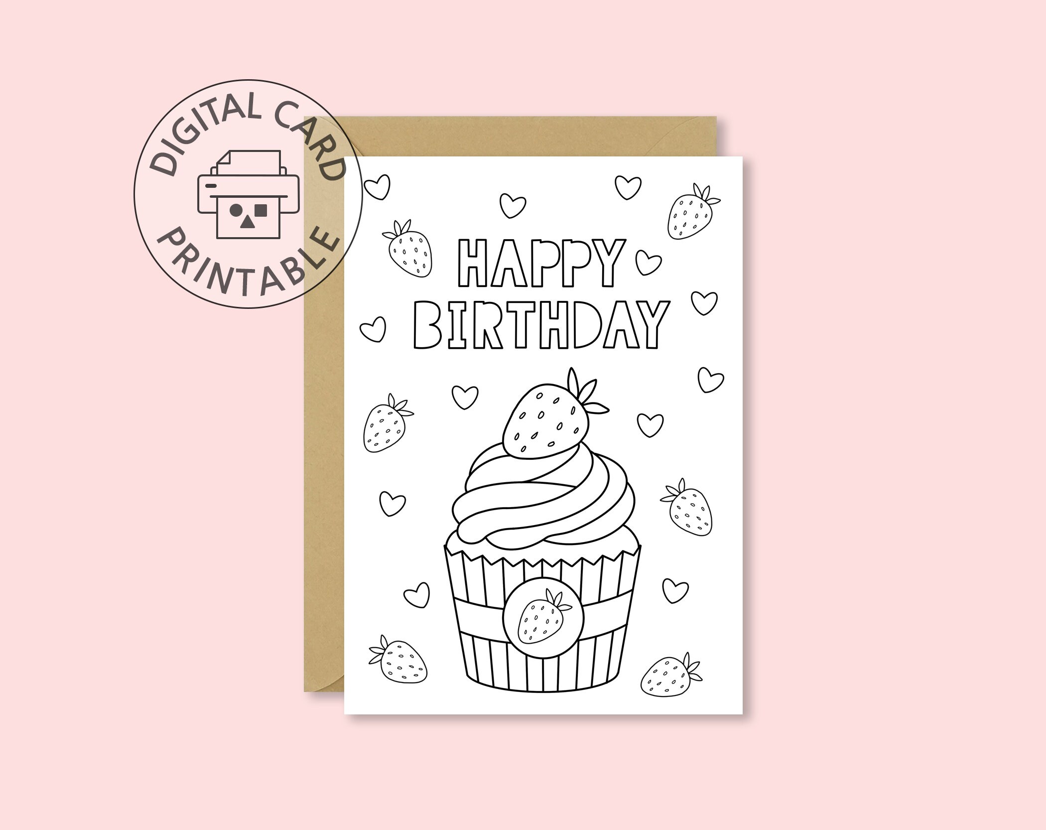 Printable Happy Birthday Cupcake Coloring Card, Bonus Envelope, 5x7 ...