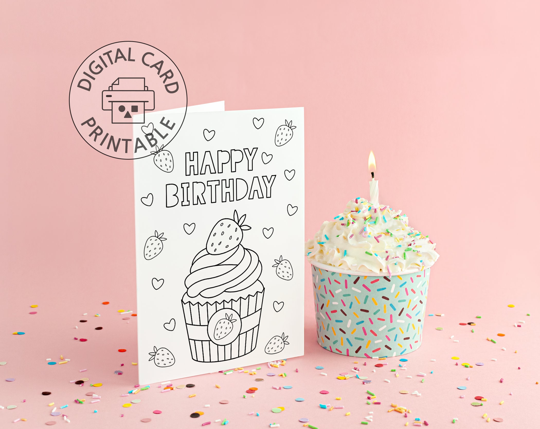 Printable Happy Birthday Cupcake Coloring Card, Bonus Envelope, 5x7 ...