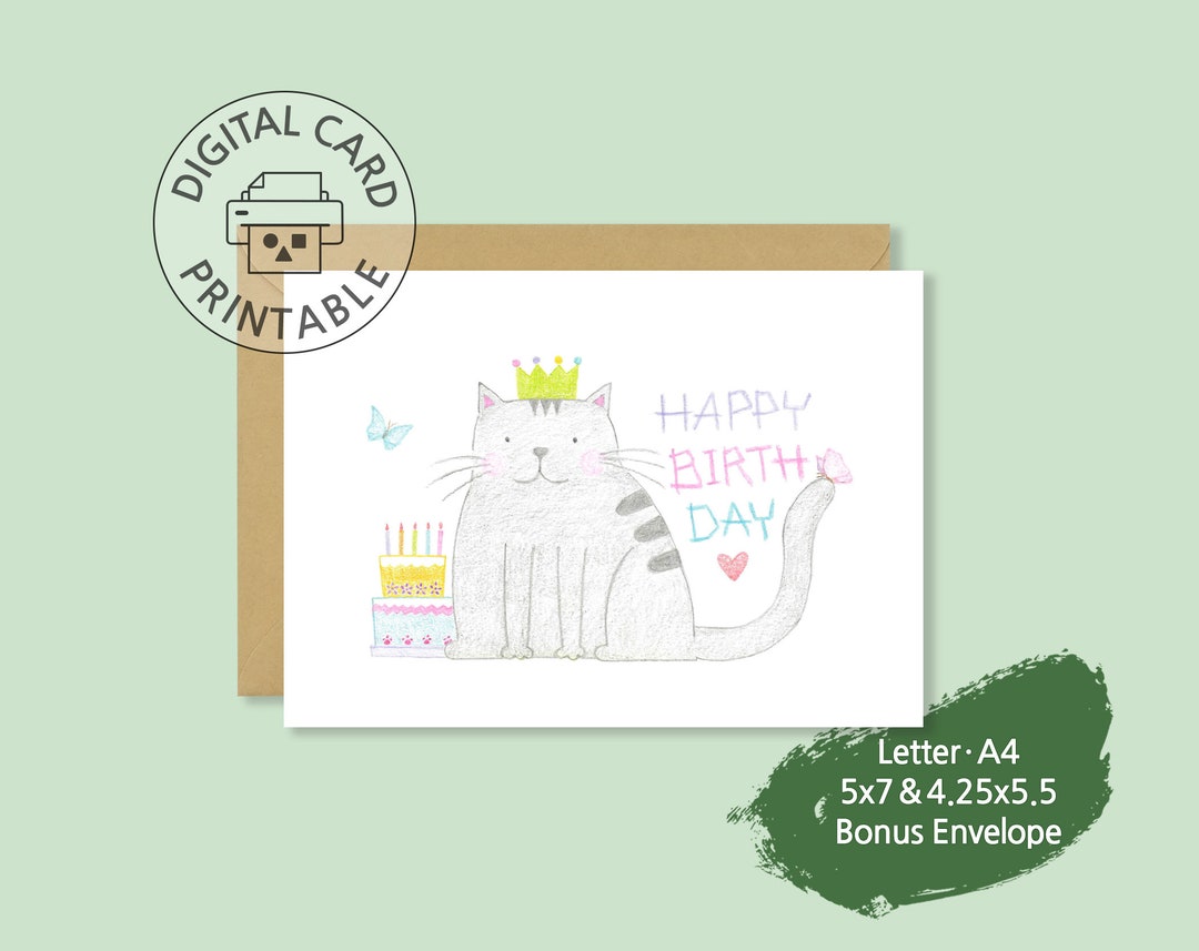 Printable Cat Birthday Card, Envelope Template, Birthday Card Printable ...