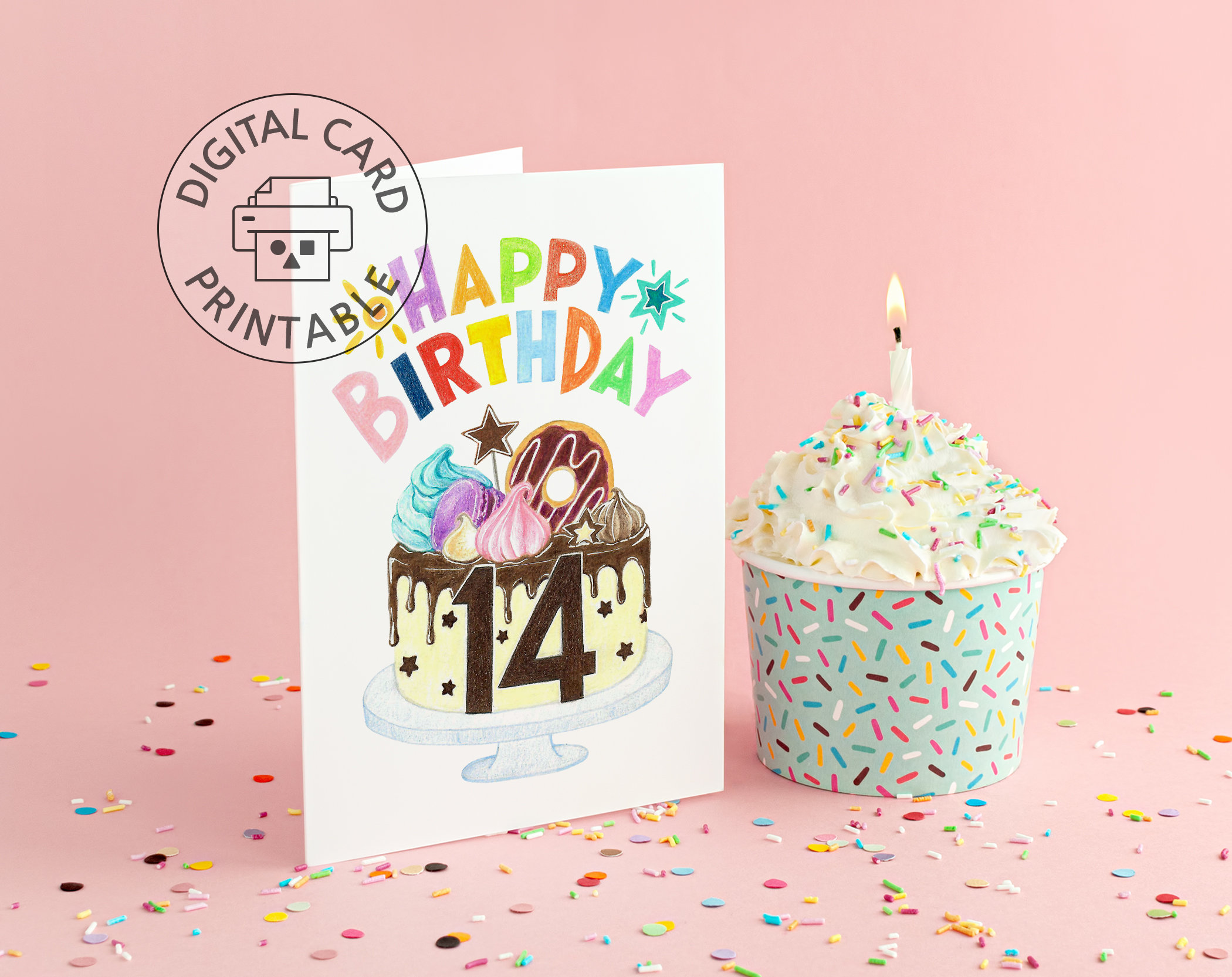 Printable 14th Birthday Card, 14 Year Old Birthday Cake Card, Fourteen ...