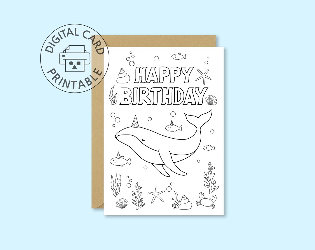 Printable Happy Birthday Whale Coloring Card, Bonus Envelope, 5x7 ...
