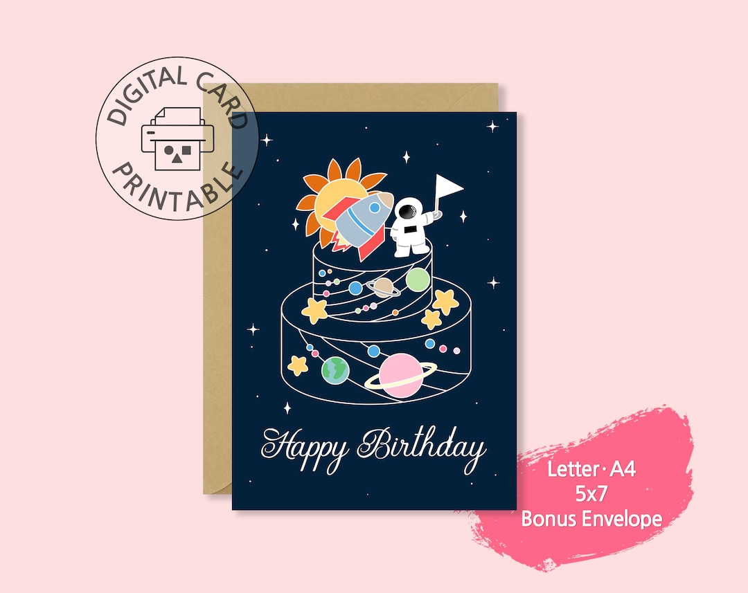Printable Space Birthday Card, Envelope Template, Galaxy Space Cake ...