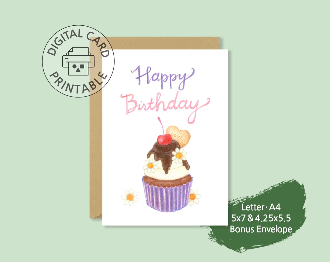 Printable Happy Birthday Card Envelope Template Love Cupcake - Etsy