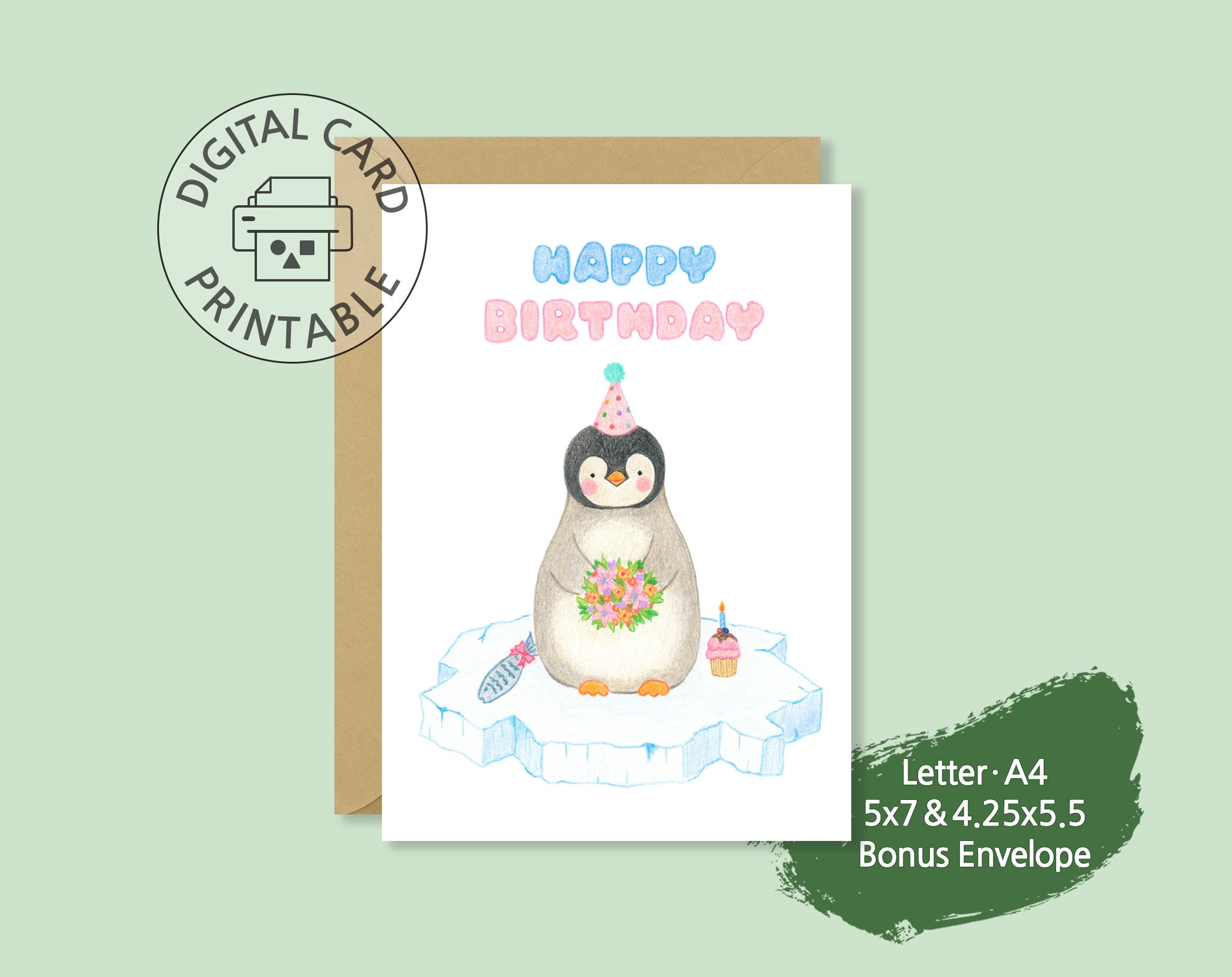 Printable Birthday Card, Envelope Template, Penguin Birthday Card ...