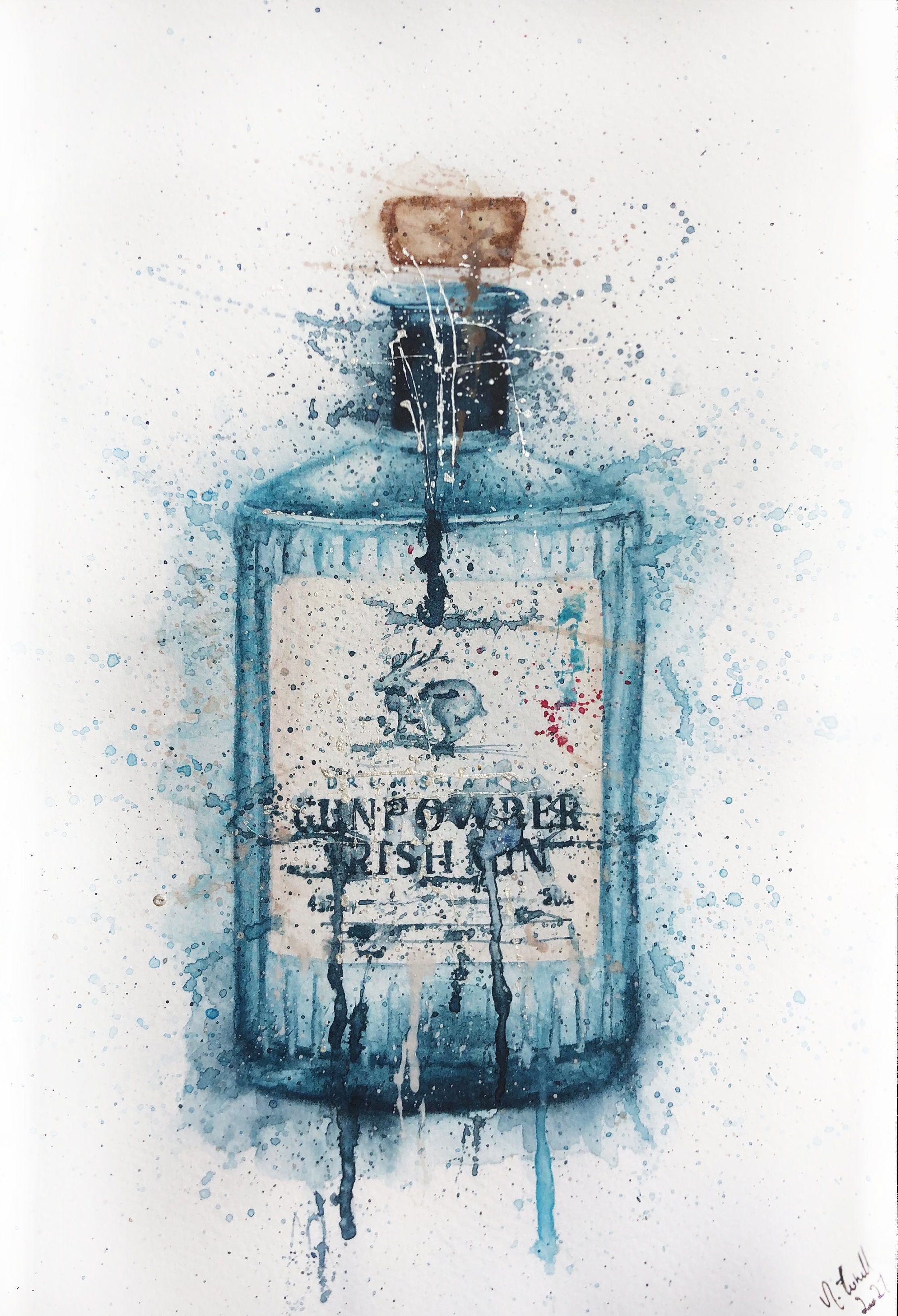 Blue Gin Bottle 'GUNPOWDER' Original Watercolour Print. Perfect for a ...