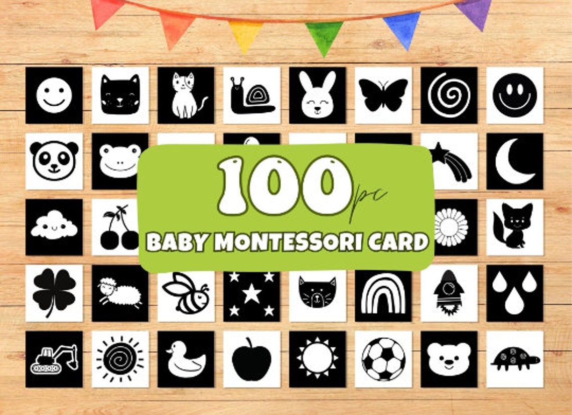 100 High Contrast Baby Cards Montessori Printable Black and White ...
