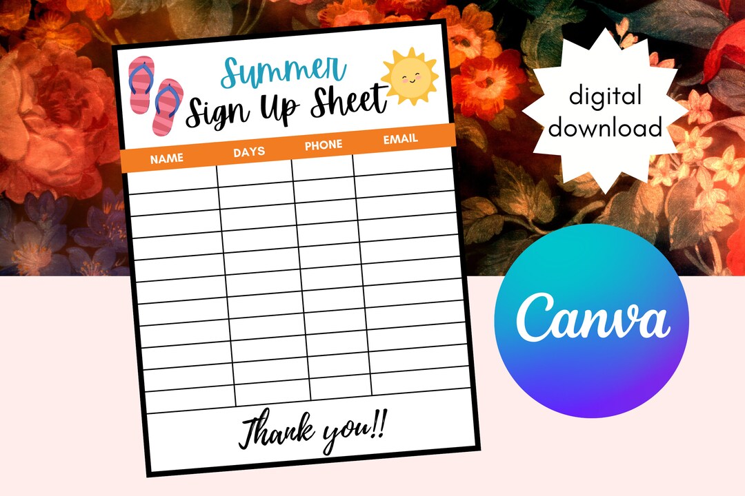 Summer Camp L Sign up Sheet school Flyer Handout Pta Pto Volunteer ...