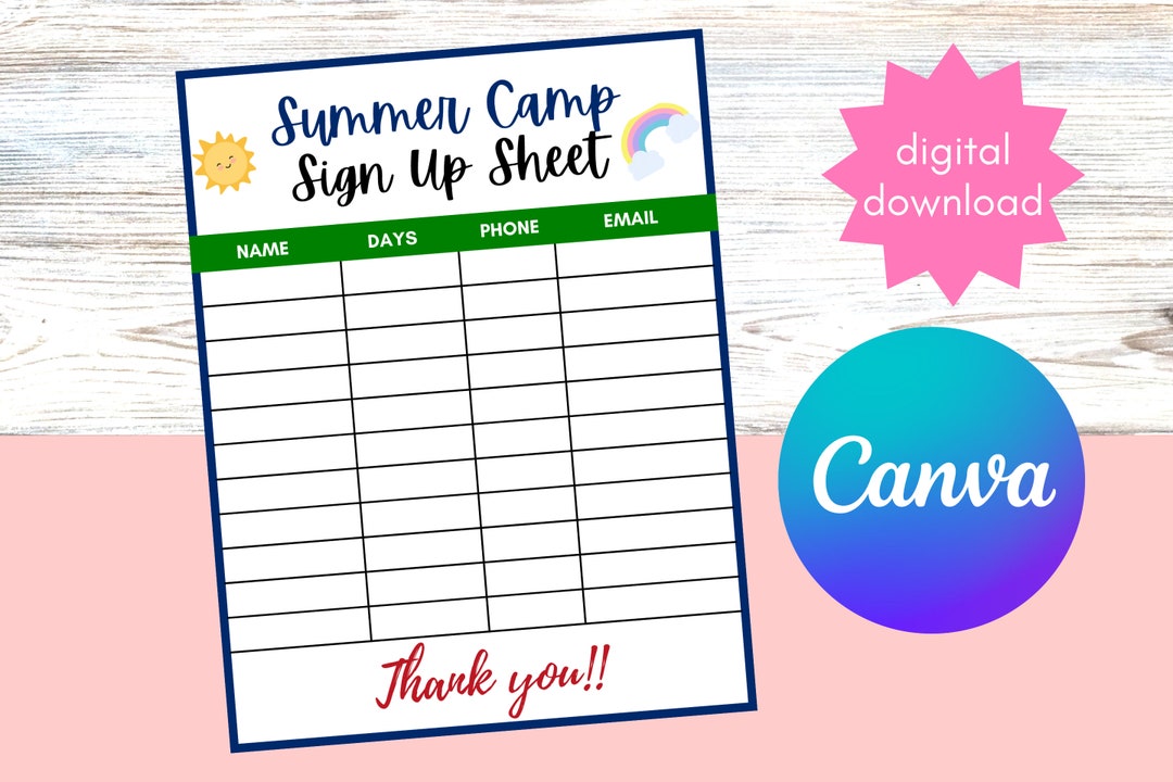 Summer Camp L Sign up Sheet school Flyer Handout Pta Pto Volunteer ...