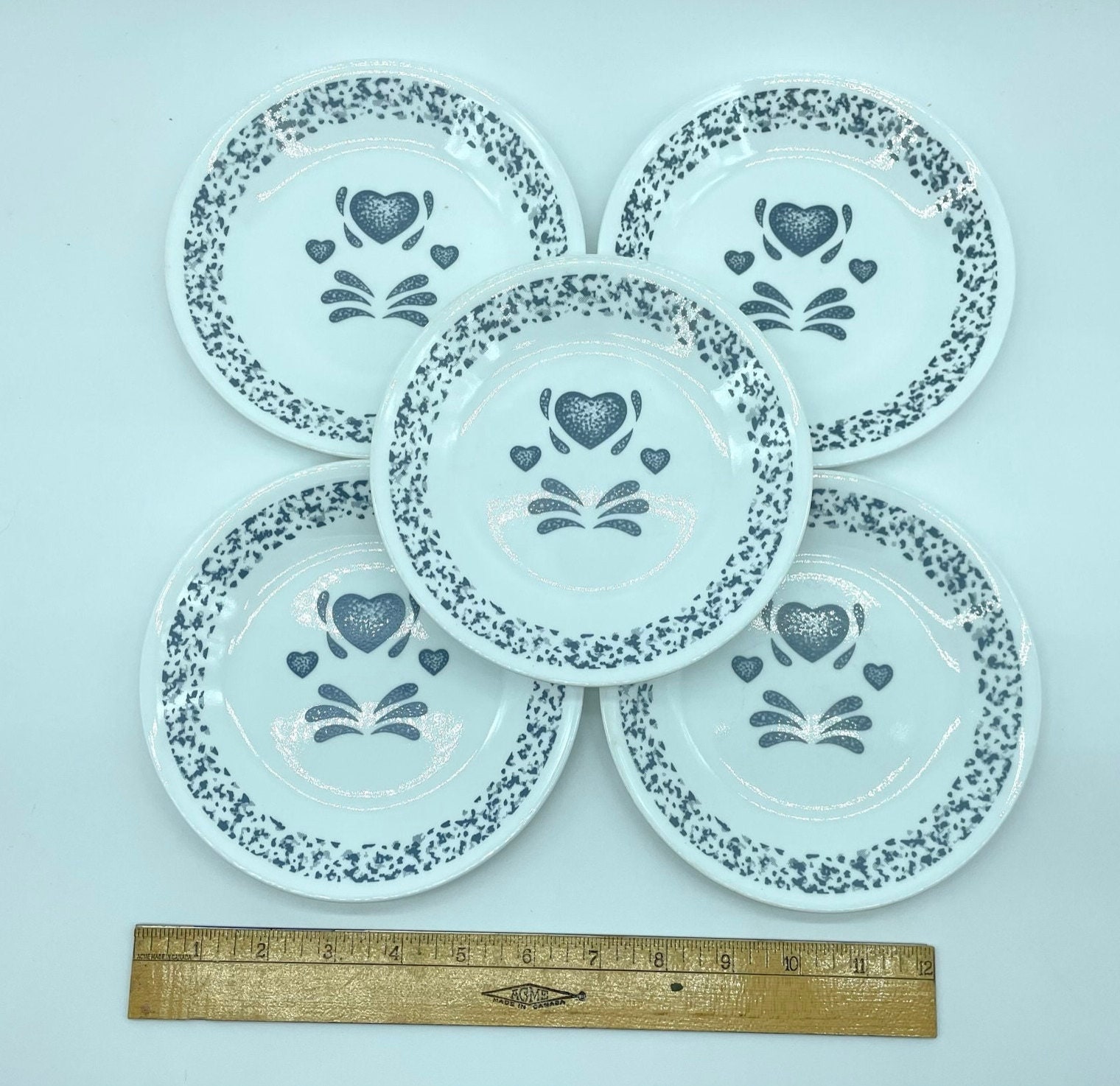 Set of 5 Corelle Blue Heart Side Plates Blue Sponge 1980's Vitrelle USA ...