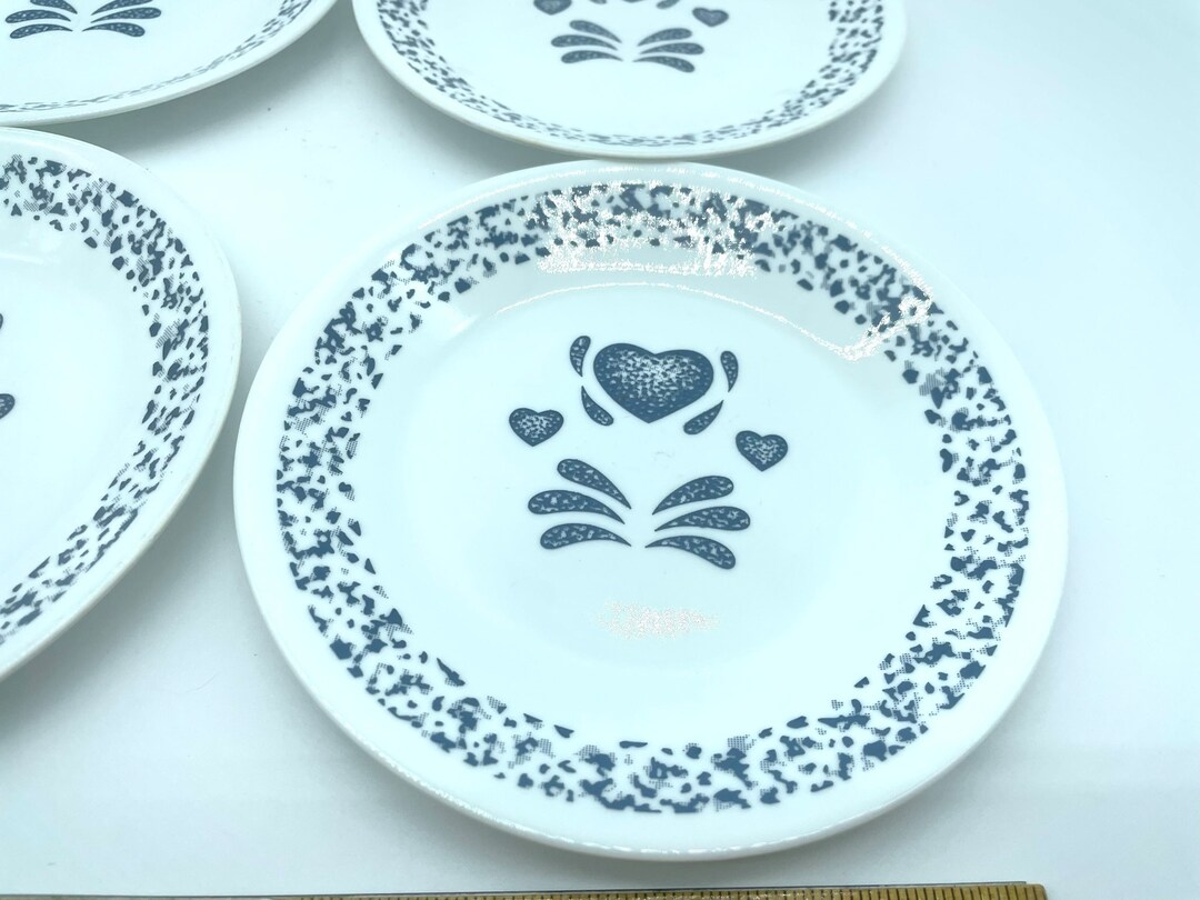 Set of 5 Corelle Blue Heart Side Plates Blue Sponge 1980's Vitrelle USA ...