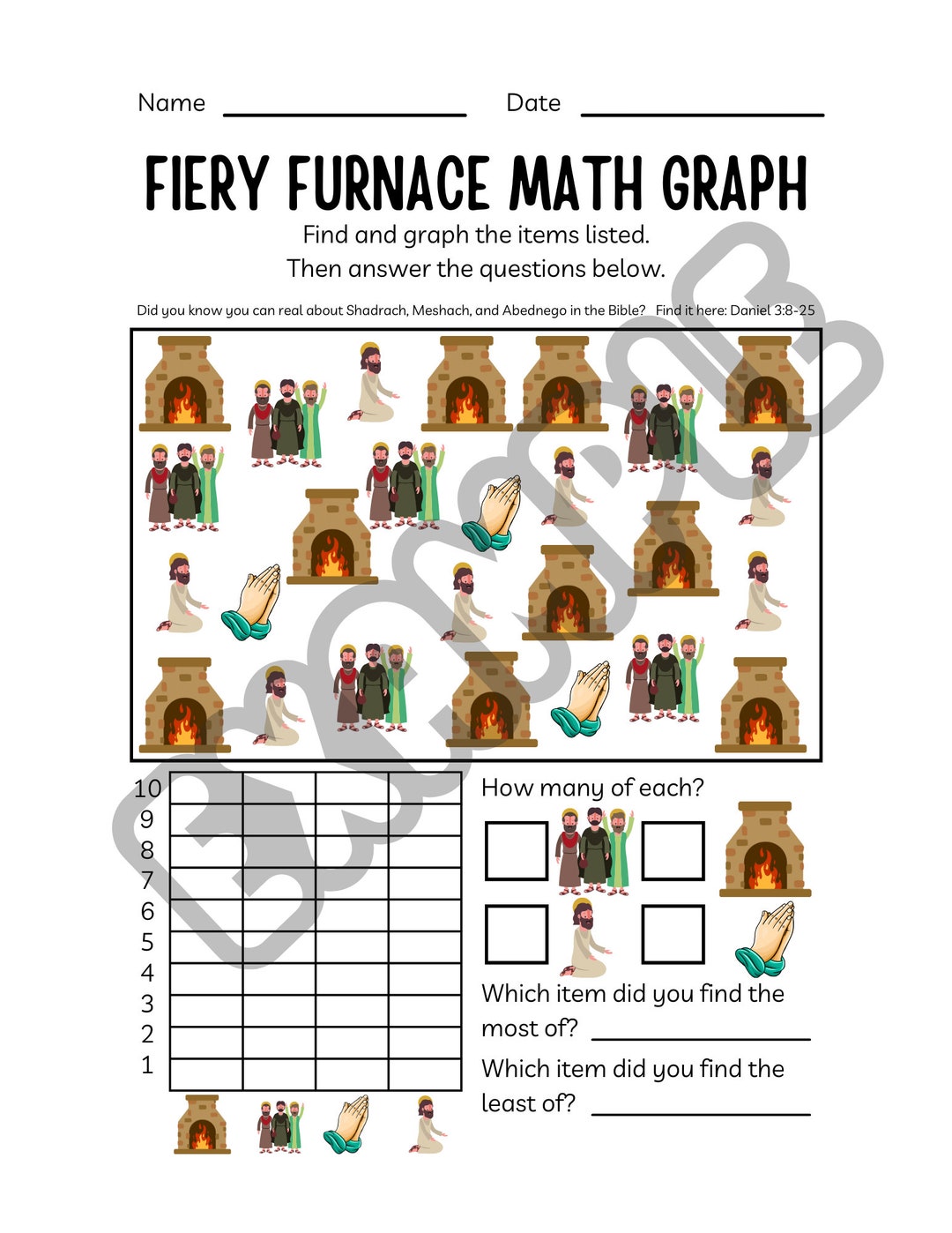 Fiery Furnace Bible Math Worksheet | Daniel 3 Graphing Activity for ...