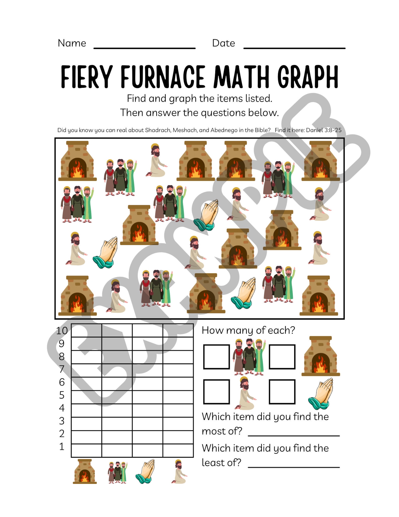 Fiery Furnace Bible Math Worksheet | Daniel 3 Graphing Activity for ...