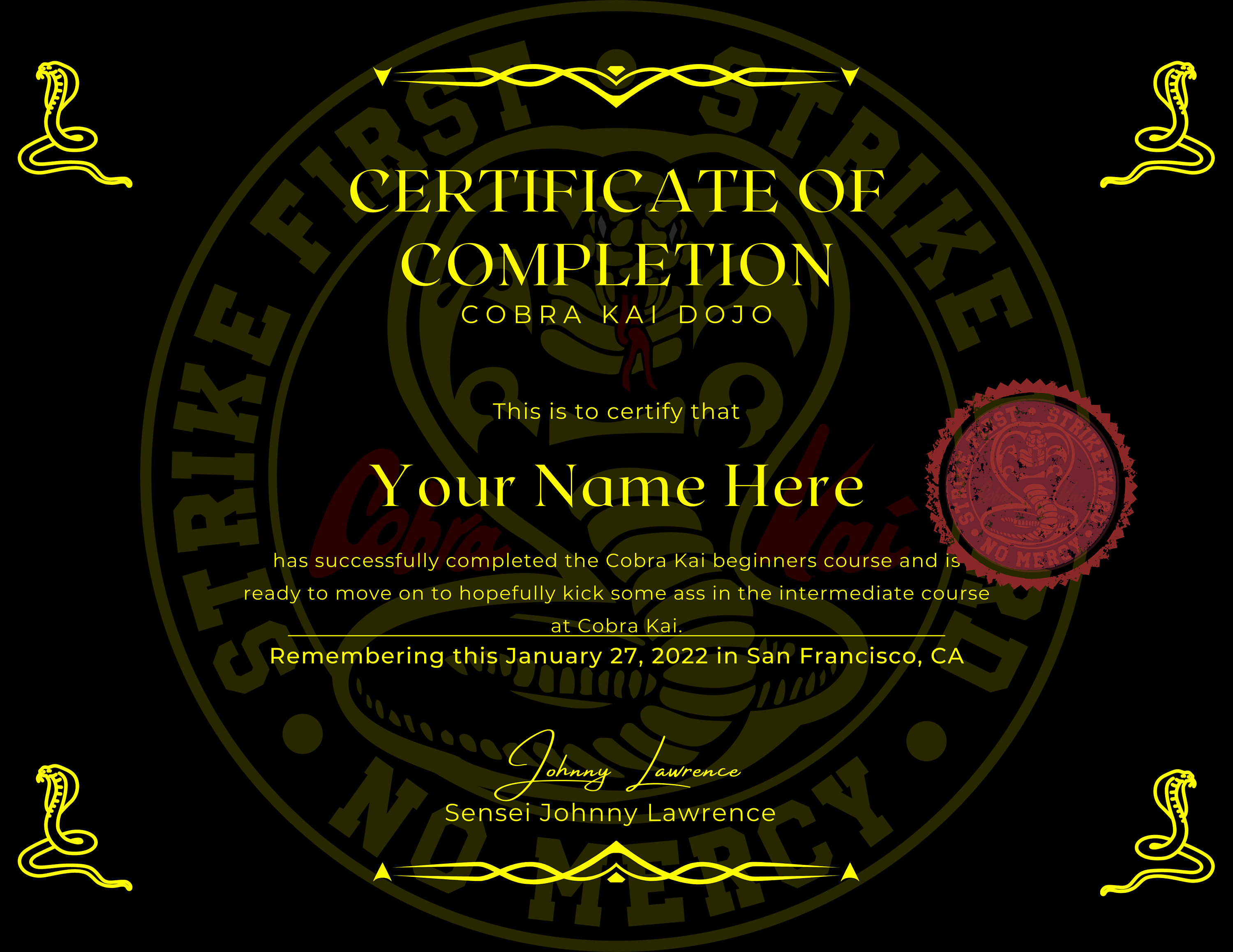 The Karate Kid Cobra Kai Custom Certificate | Digital Download | Johnny Lawrence | Daniel ...