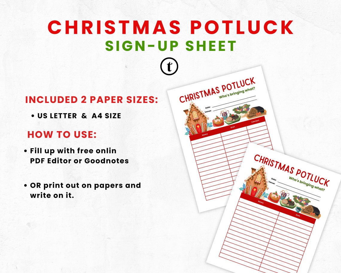 Christmas Potluck Sign up Sheet Holiday Potluck Christmas - Etsy
