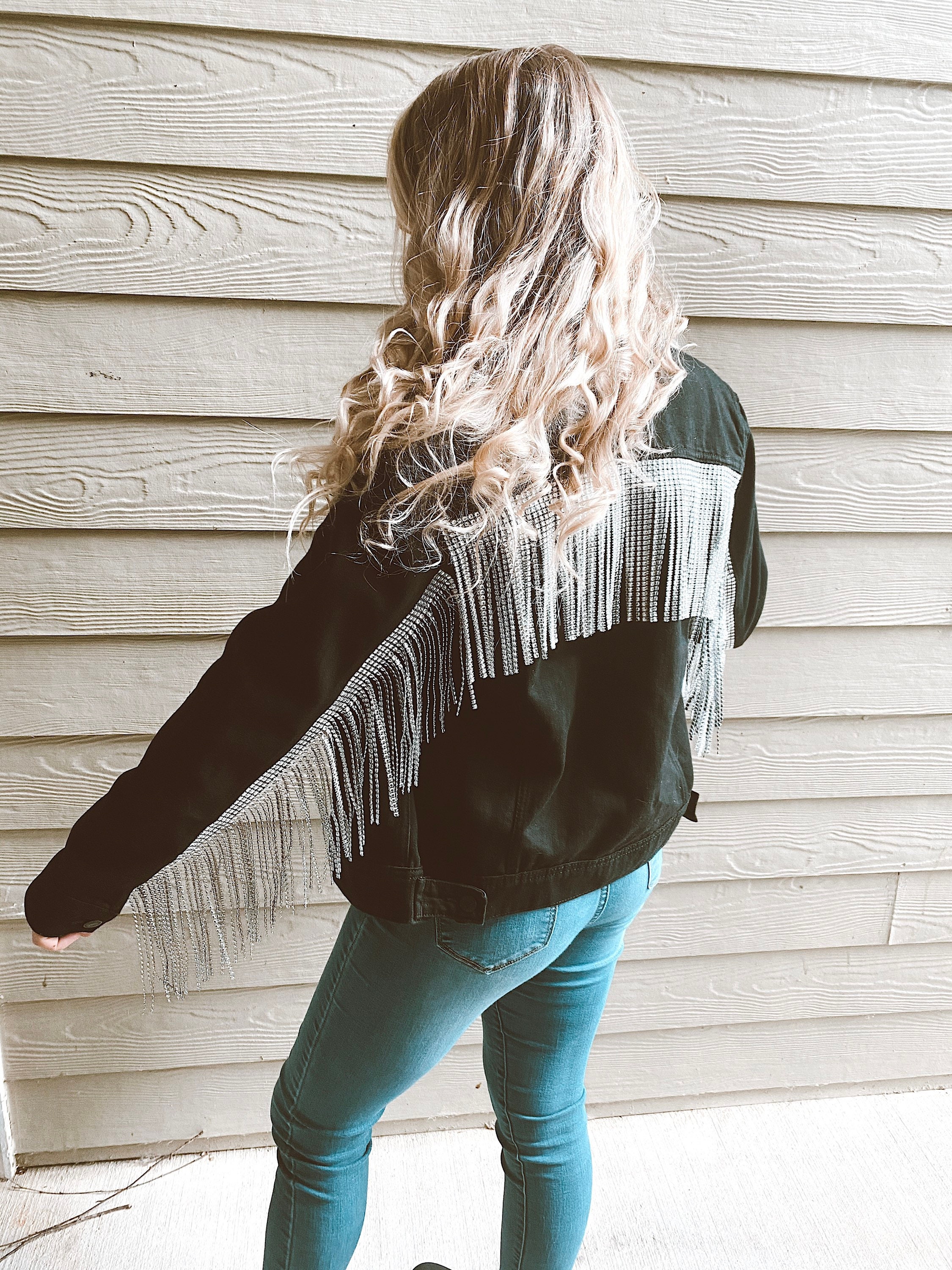 Rhinestone Fringe Black Denim Jacket | Etsy
