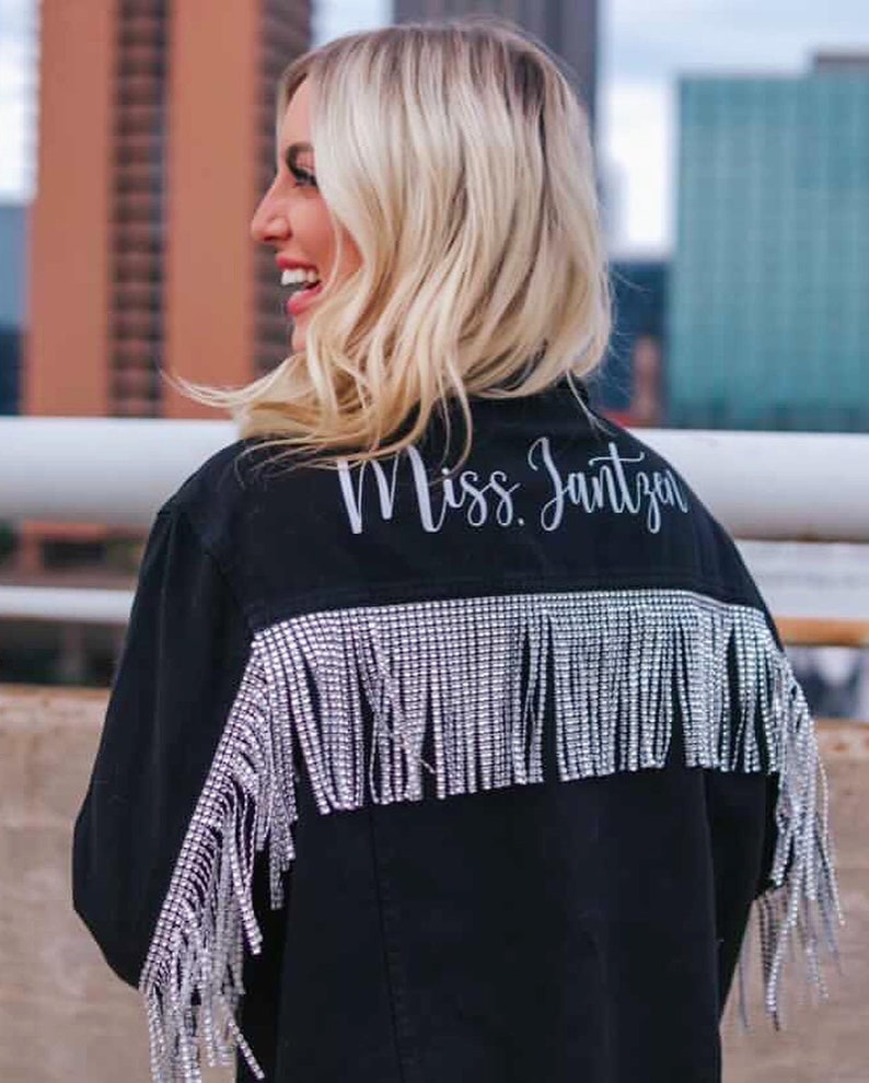 Rhinestone Fringe Black Denim Jacket - Etsy UK