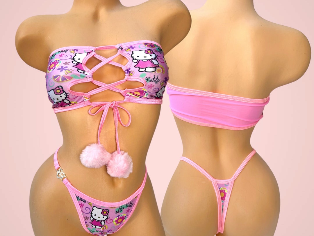Pink Kitty Pompoms Set Thong Microkini, Exotic Dancewear, Stripper Outfits, Rave Outfit, Micro ...