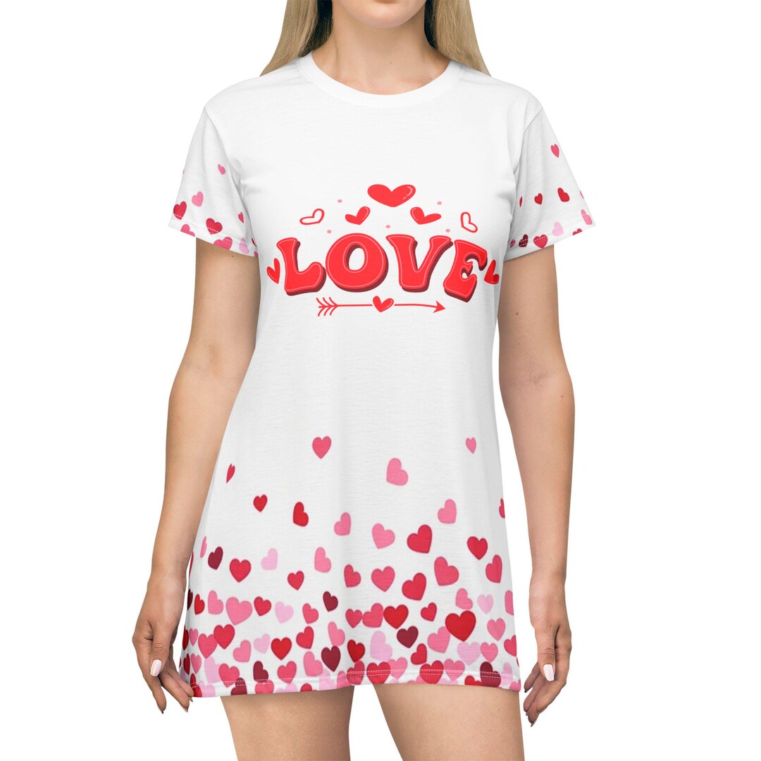 Love Heart Graphic Tee Summer Dress - Romantic White Dress With Red ...