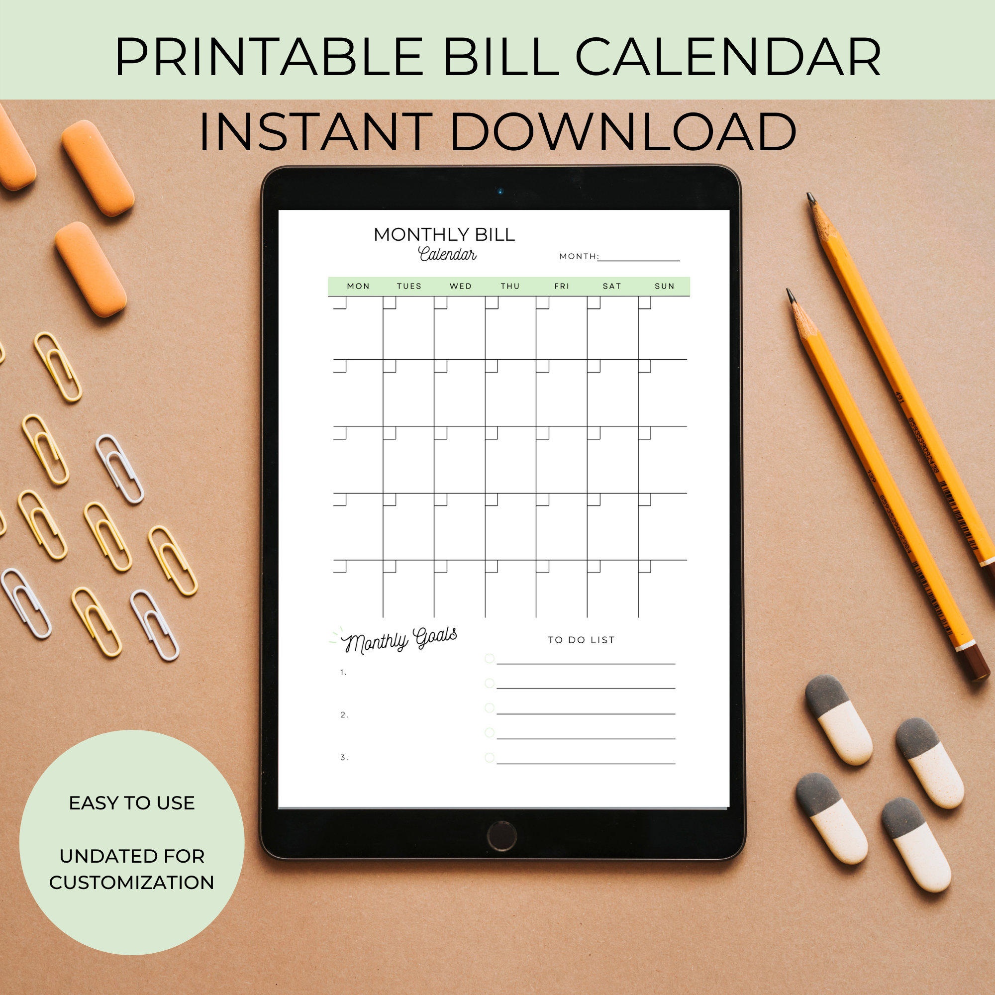 Monthly Bill Calendar | Printable Calendar | Printable | Instant ...