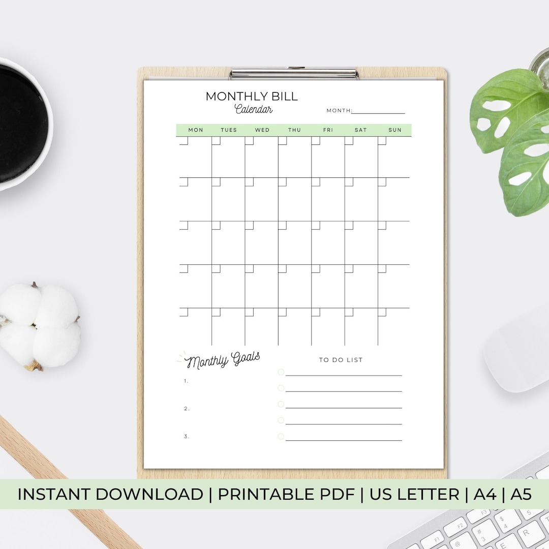 Monthly Bill Calendar | Printable Calendar | Printable | Instant ...