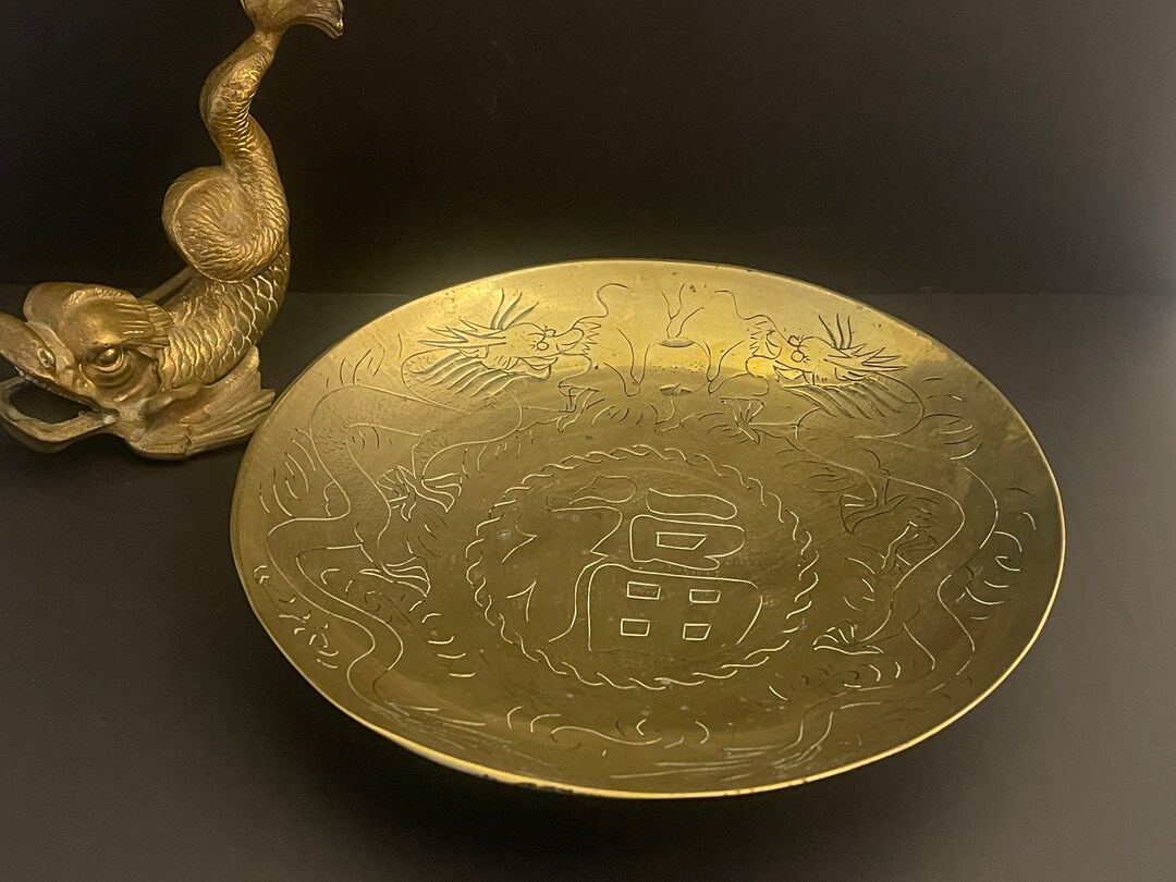 Chinese Shallow Brass Bowl Engraved With Dragons - Vintage - Etsy