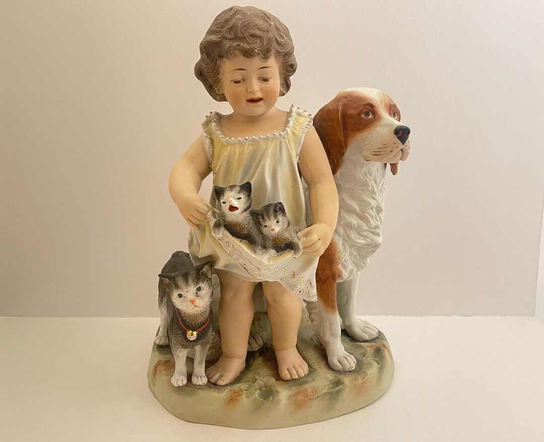 Antique German Bisque Figurine Group, Girl With Dog and Kittens ...