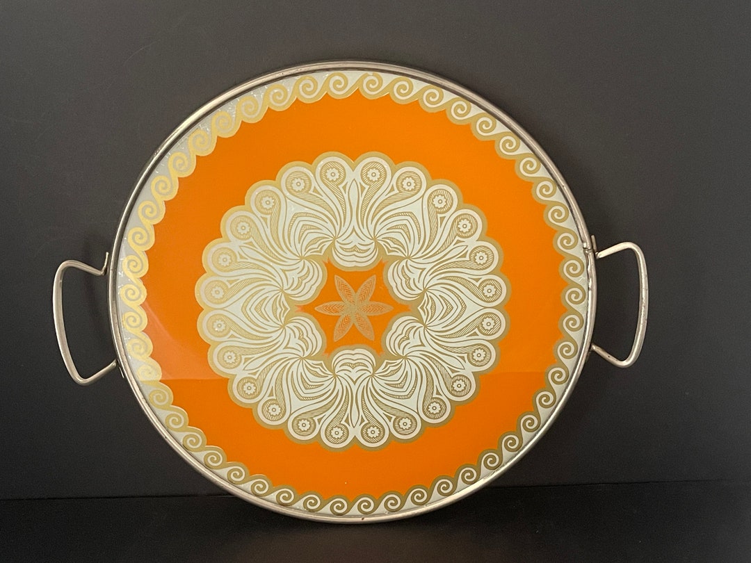 Mid Century Reverse Painted Glass Serving Tray / Cake Tray - Orange - Etsy