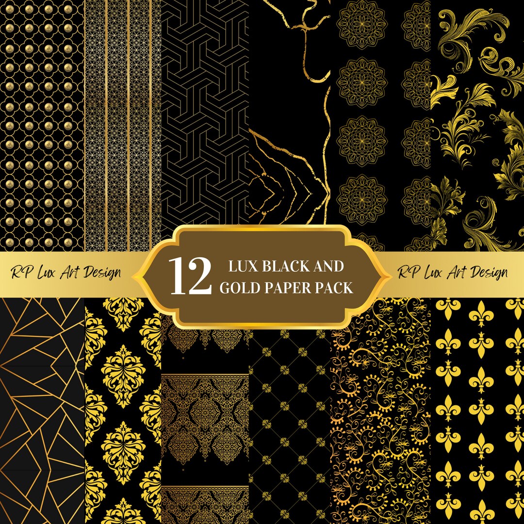 Black and Gold Digital Paper, Digital Paper Pack, Gold Scrapbook ...