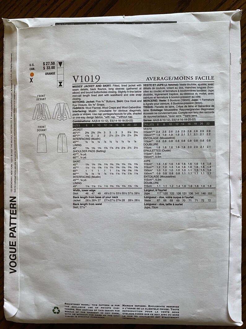 Vogue V1019 Uncut Jacket and Skirt Pattern / 2007 / AA Size 6 8 10 12 ...