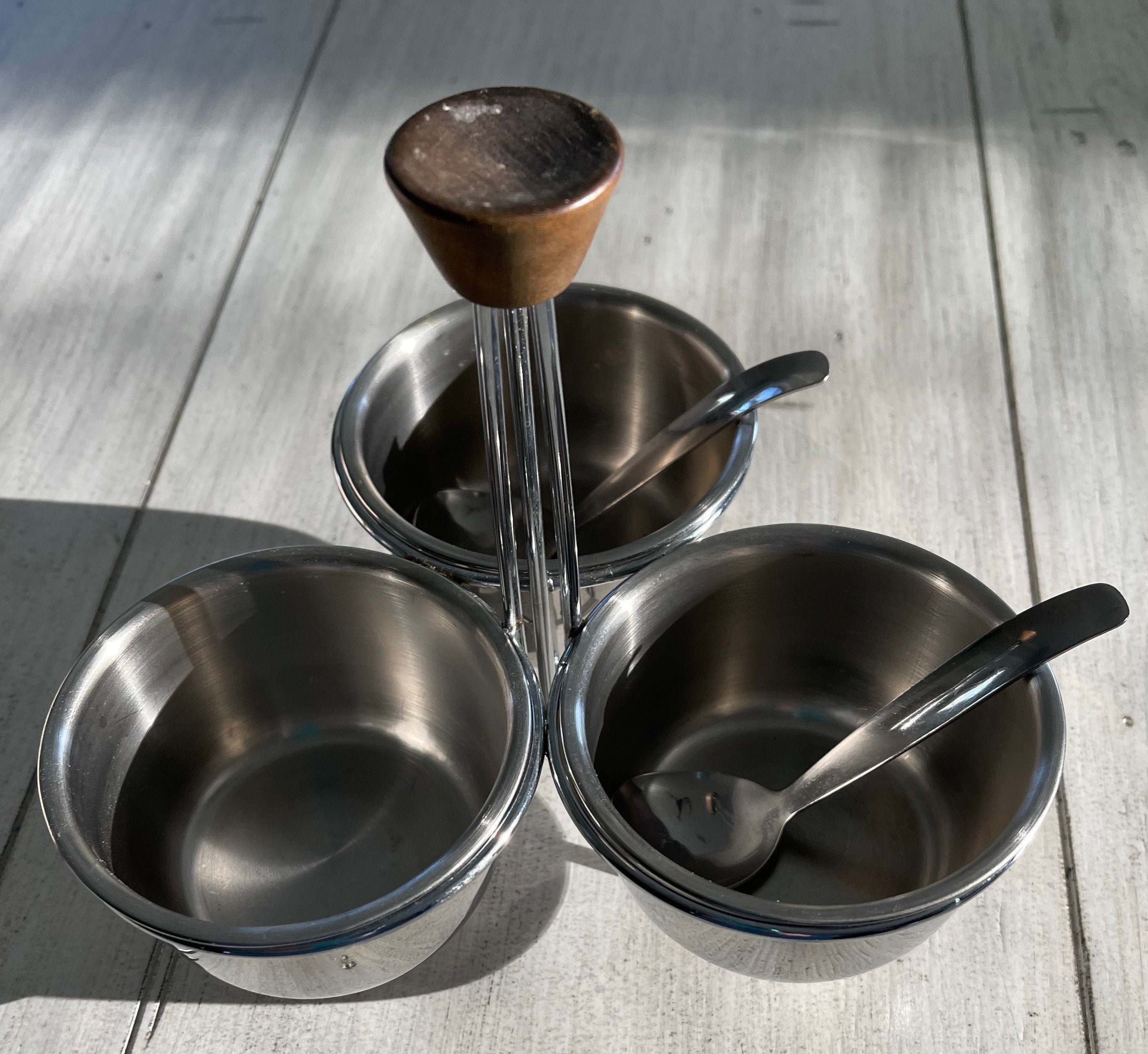 MCM Stainless Condiment Serving Tray With 3 Bowls and 2 Spoons / Metal ...
