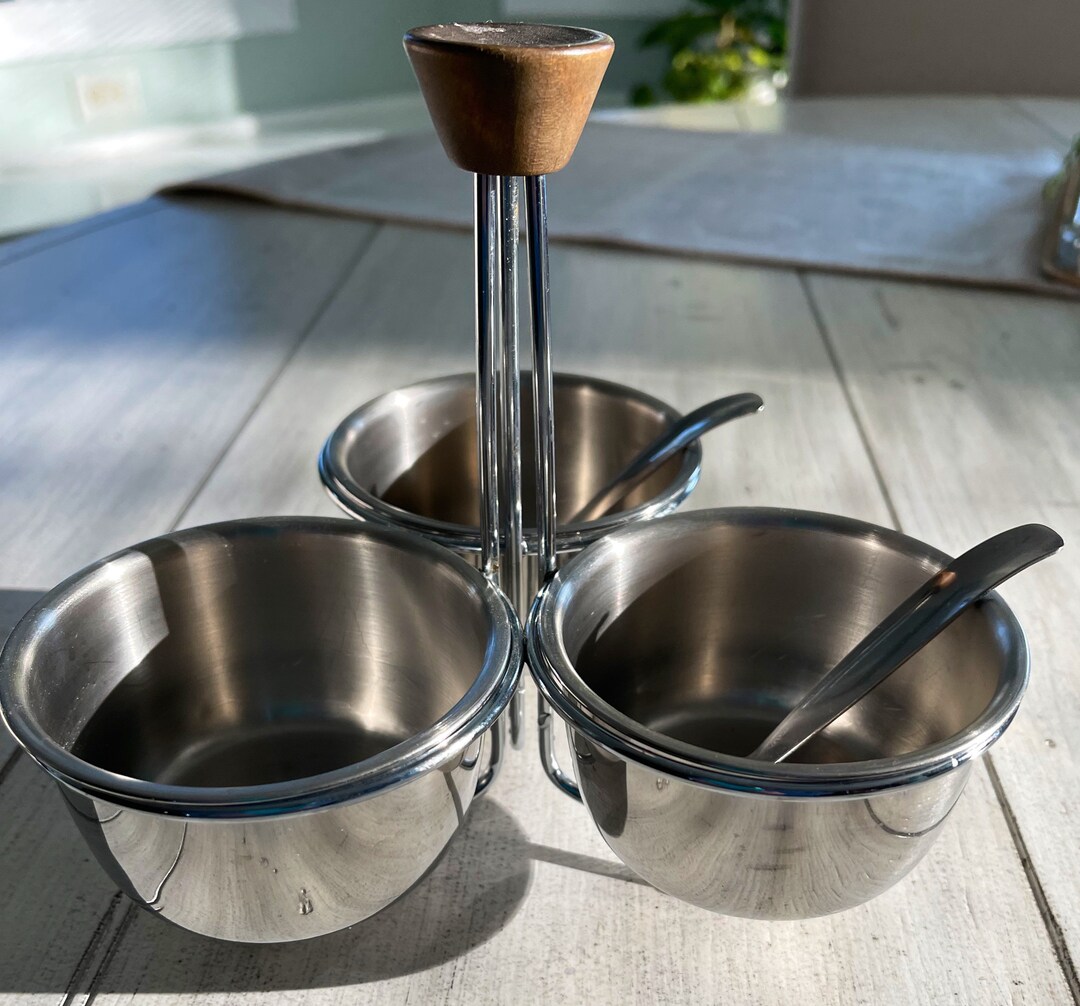 MCM Stainless Condiment Serving Tray With 3 Bowls and 2 Spoons / Metal ...