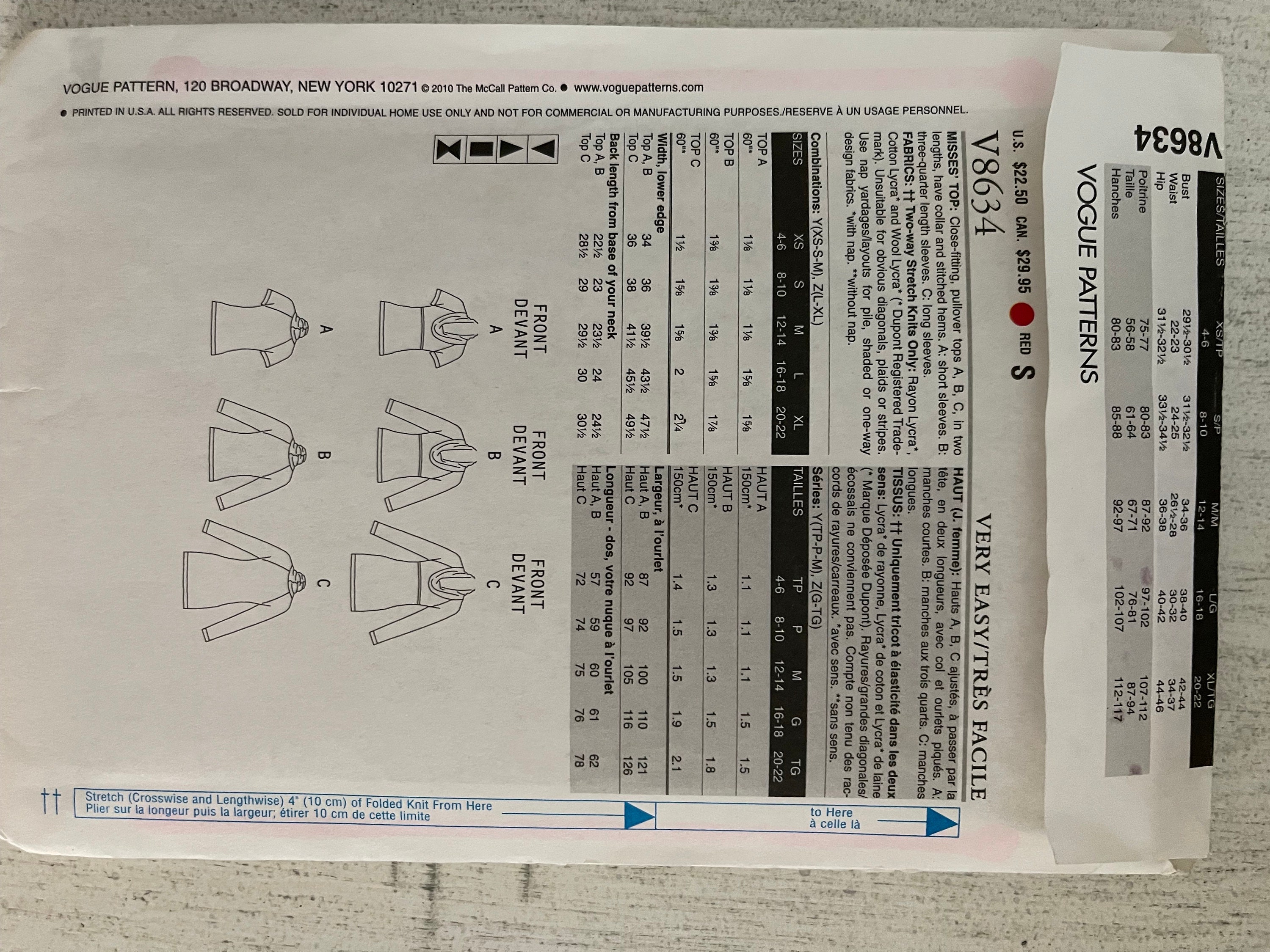 Very Easy Vogue V8634 Uncut Pattern Size Y / Xs, Small, Medium / 2010 ...