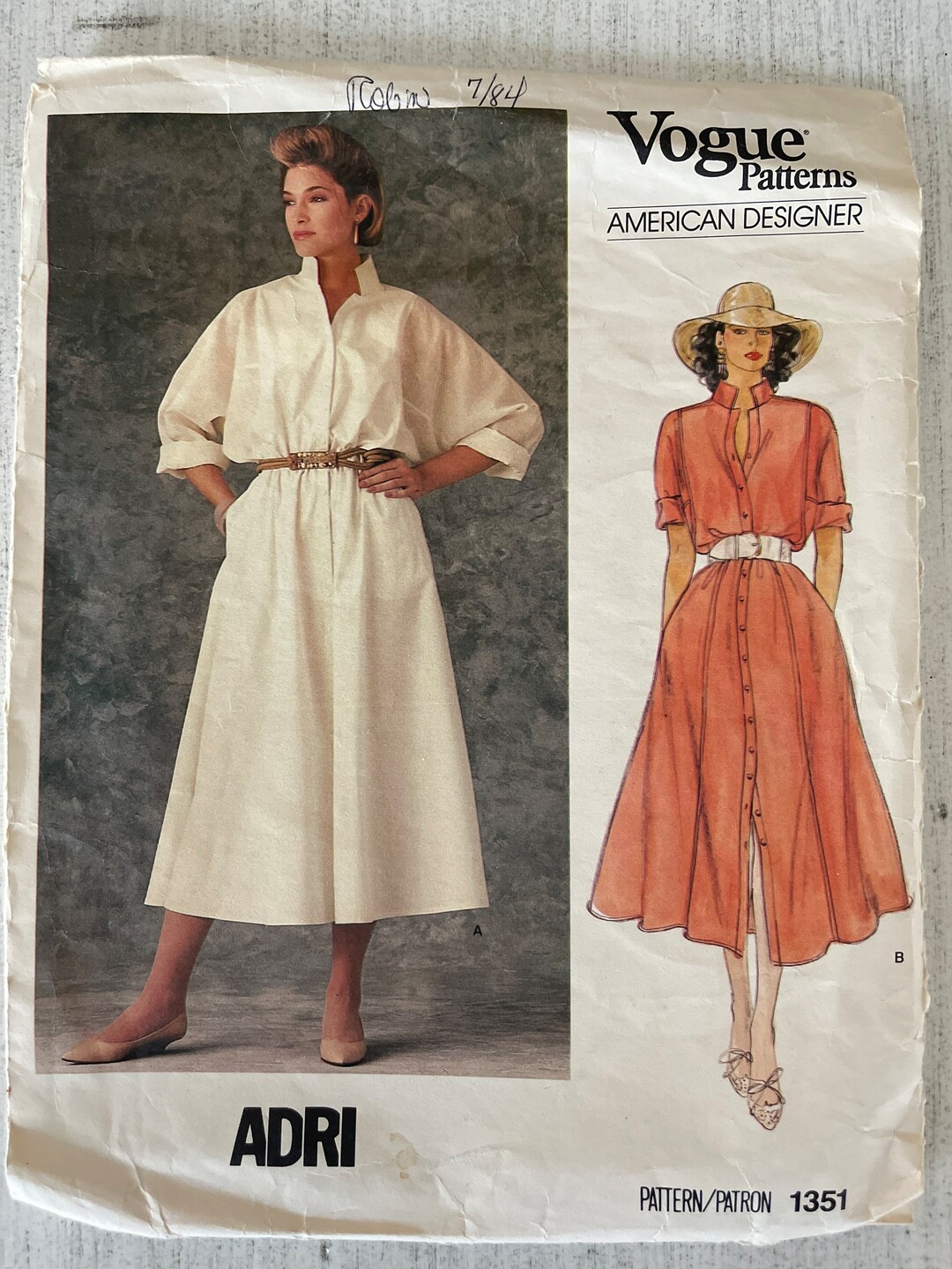 Vogue 1351 Vintage Adri Misses' Dress Size 10 / 1985 / 80s Vogue Adri ...