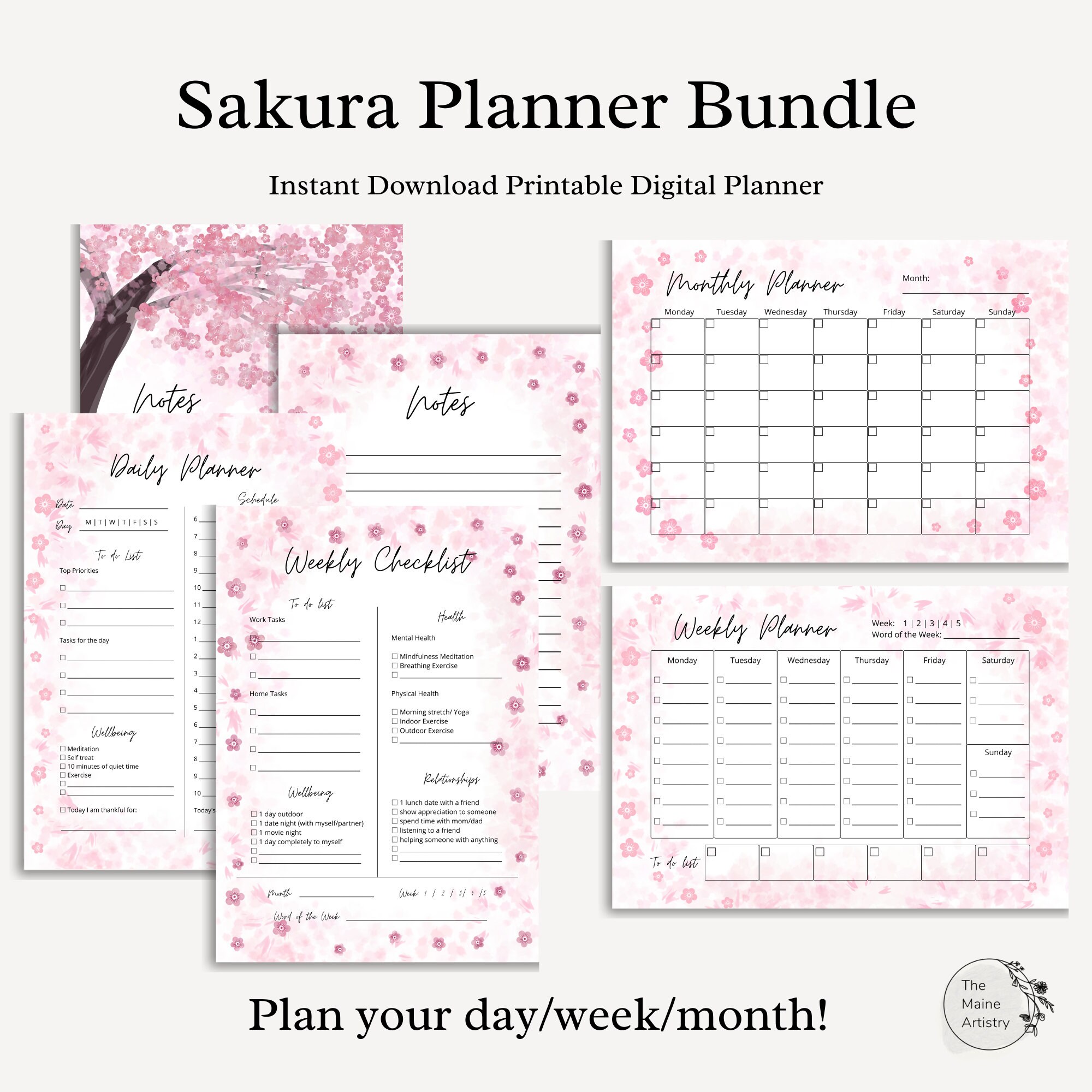 Cherry Blossom Sakura Pink Planner Printable, Daily, Weekly, Monthly ...