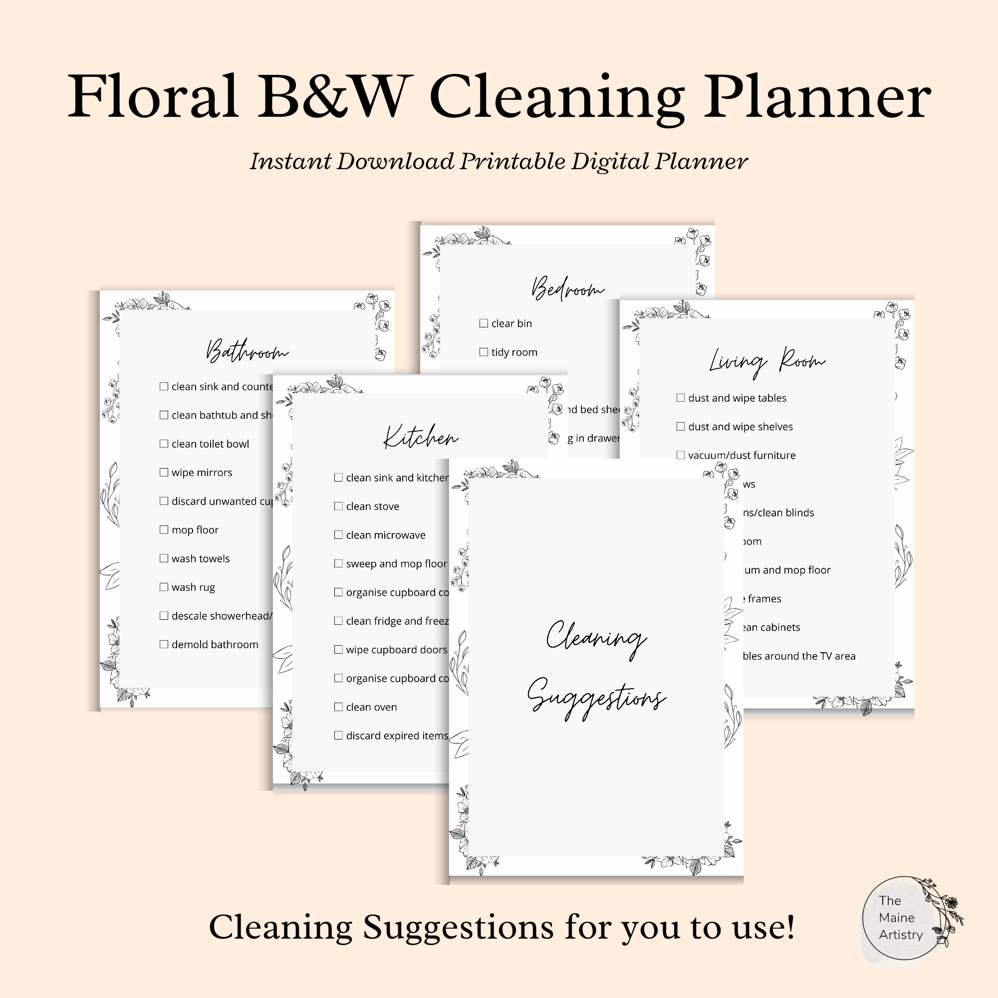 Floral B&W Planner Printable Daily Weekly Monthly Mood - Etsy
