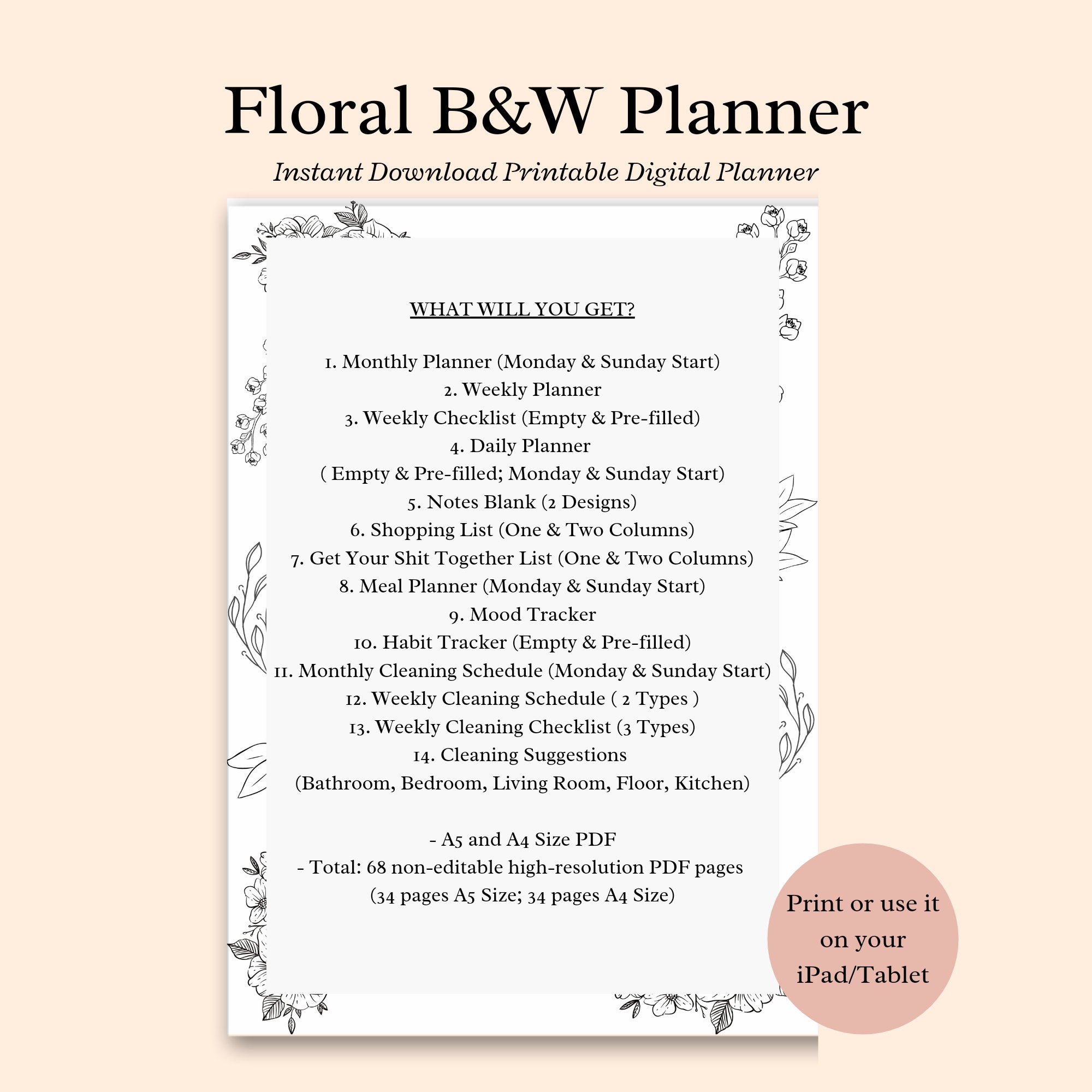 Floral B&W Planner Printable Daily Weekly Monthly Mood - Etsy