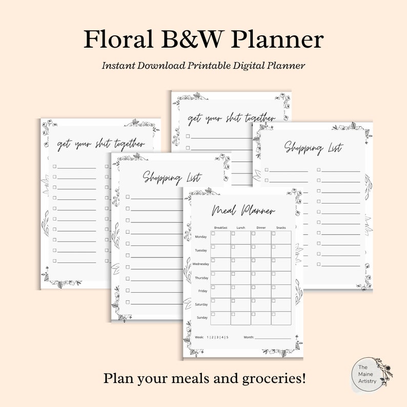 Floral B&W Planner Printable Daily Weekly Monthly Mood - Etsy