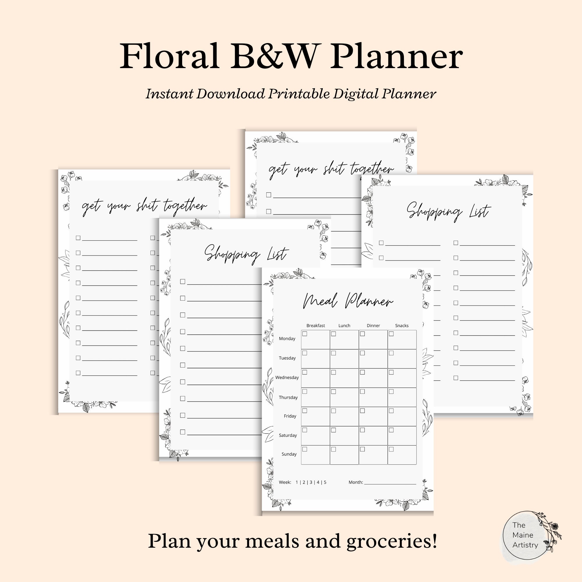 Floral B&W Planner Printable Daily Weekly Monthly Mood - Etsy