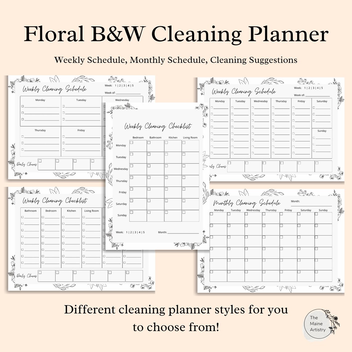 Floral B&W Planner Printable Daily Weekly Monthly Mood | Etsy