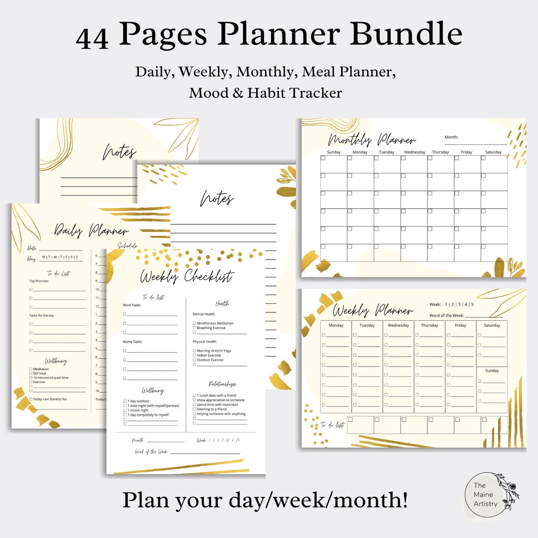 Abstract Gold Planner Printable, Daily, Weekly, Monthly, Mood Tracker ...