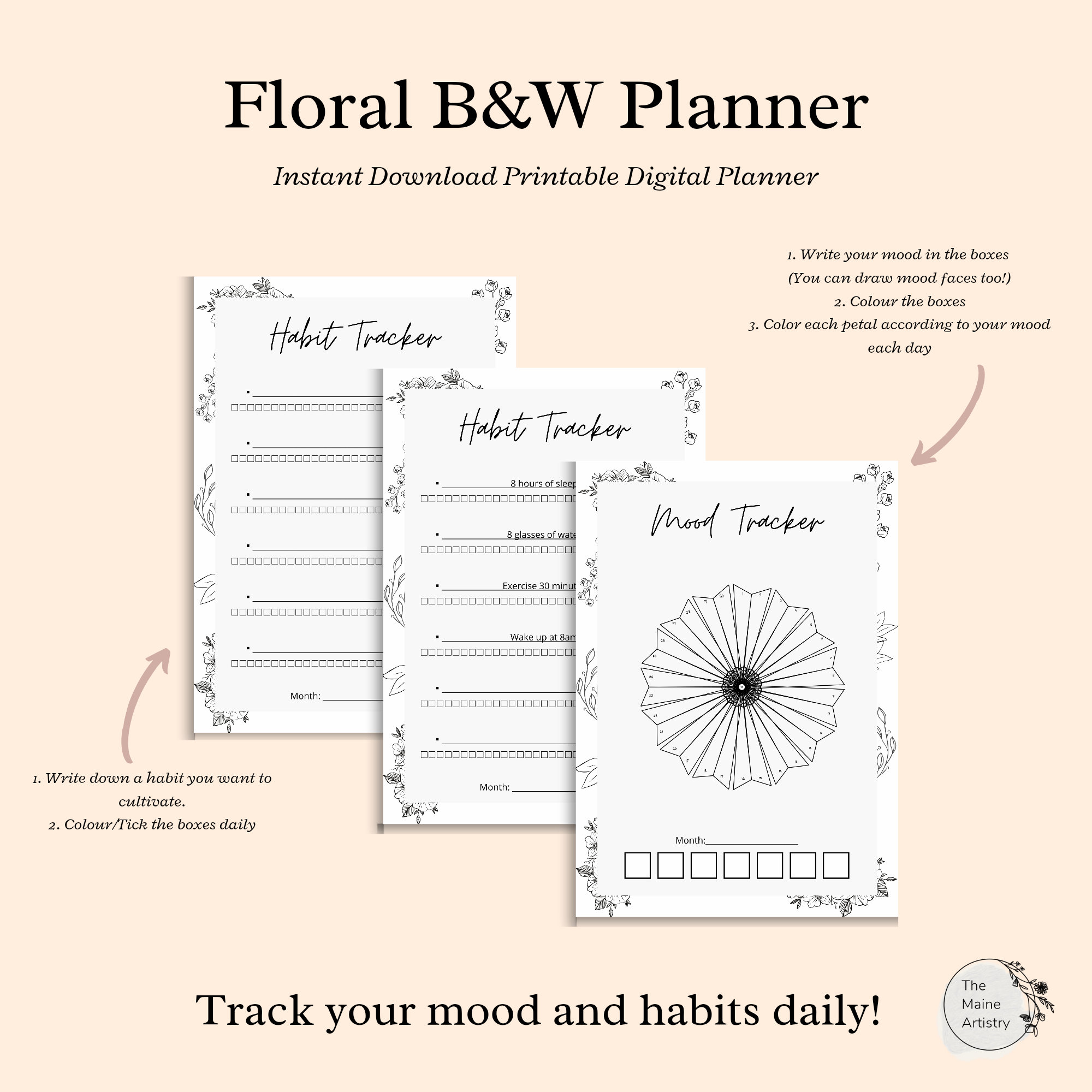 Floral B&W Planner Printable Daily Weekly Monthly Mood - Etsy