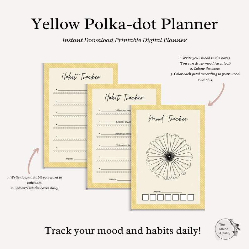 Yellow Polka-dot Planner Printable, Daily, Weekly, Monthly, Mood ...