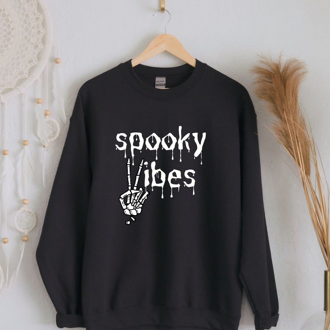 Spooky Vibes Sweatshirt, Plus Size Fall Apparel, Skeleton Peace Sign ...