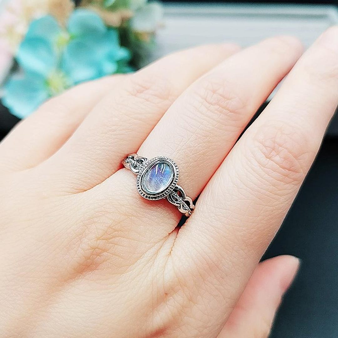 Natural Blue Sheen Moonstone Ring | Sterling Silver Plated | Retro Boho ...