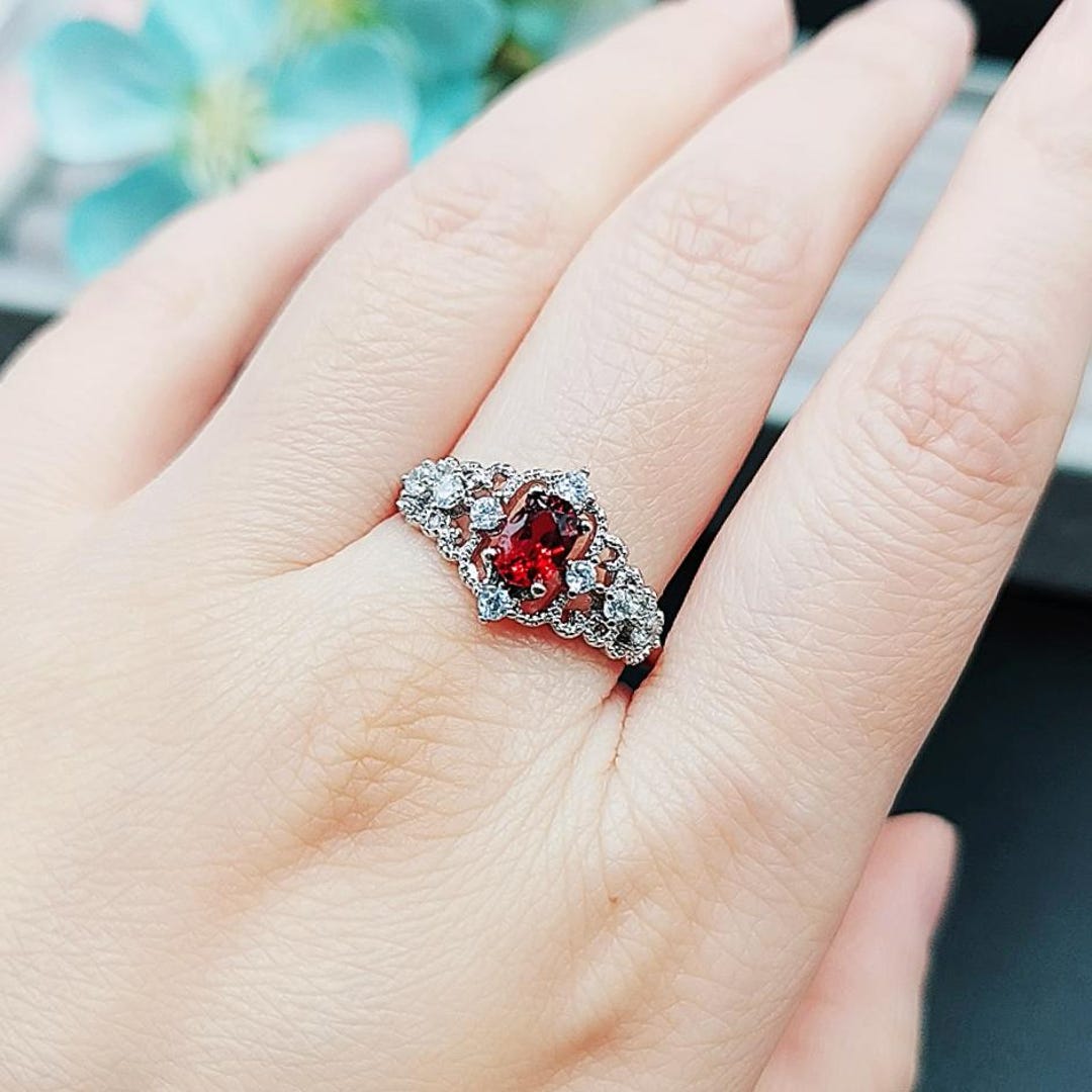 Natural Garnet Crown Adjustable Ring | Sterling Silver Plated | Dainty ...