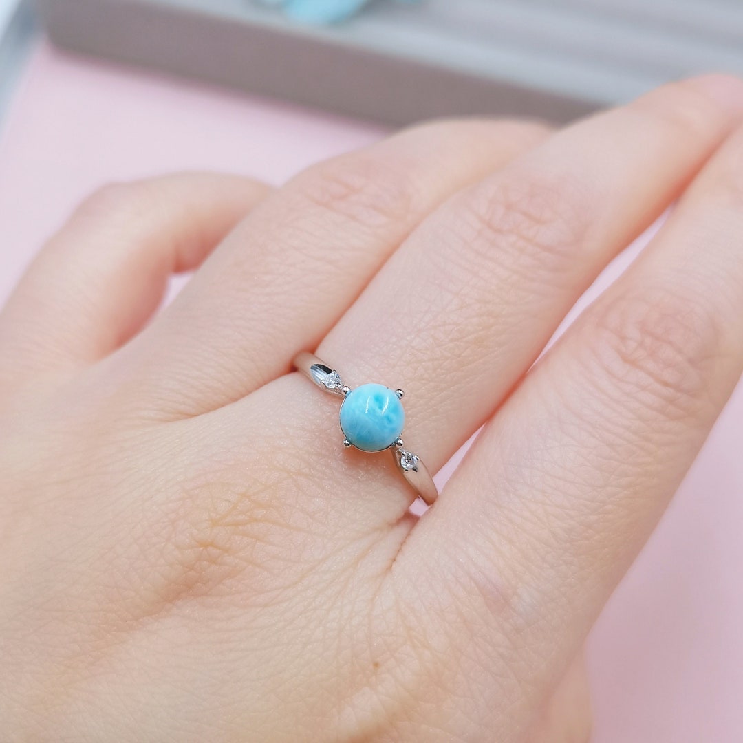 Natural Larimar Stone Ring | 925 Sterling Silver | 5+MM | Minimalist Simple | Handcraft | Blue ...