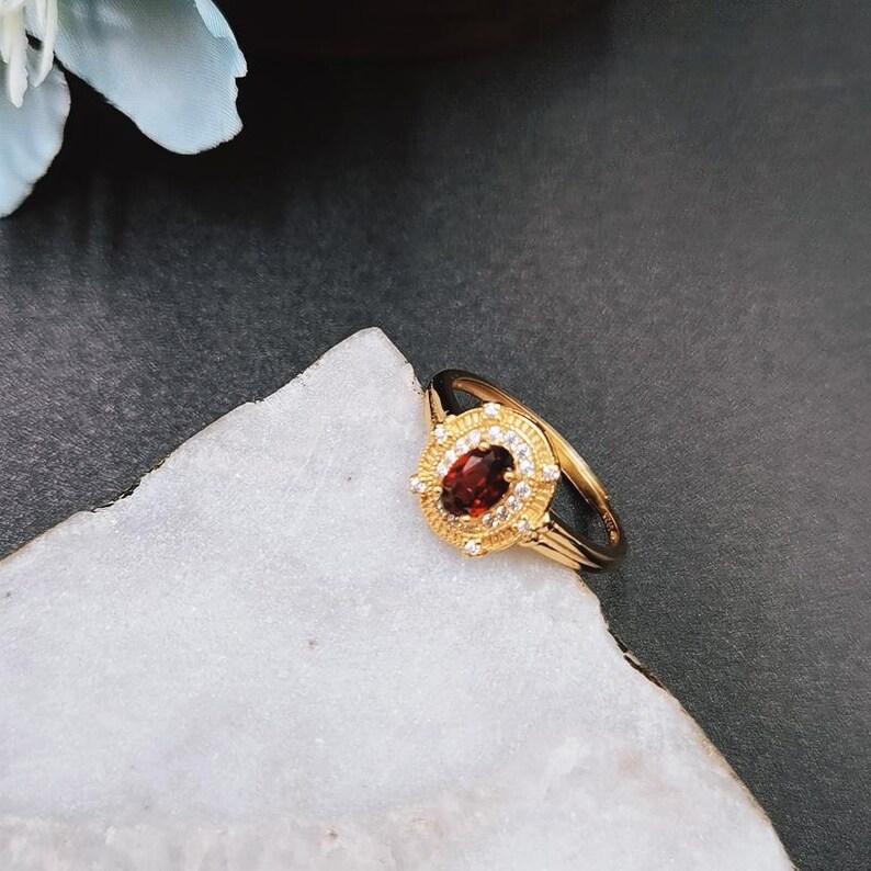 Natural Garnet Crown Adjustable Ring | 925 Sterling Silver | 18K Gold ...