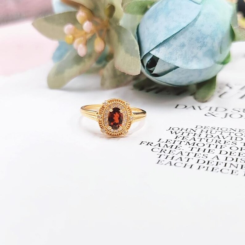 Natural Garnet Crown Adjustable Ring | 925 Sterling Silver | 18K Gold ...