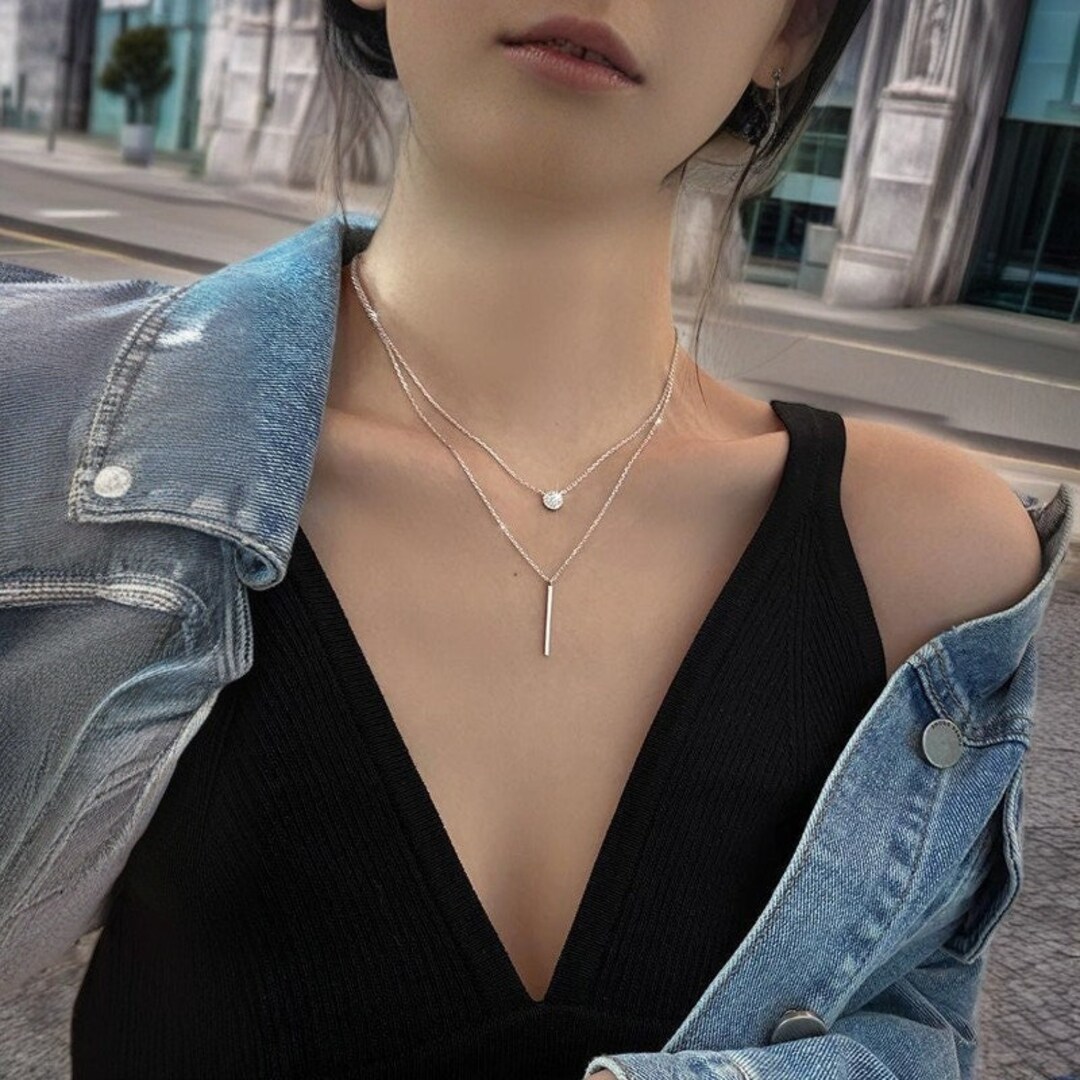 925 Sterling Silver Charm Bar Necklace Bar Pendant Double-layer Chain ...